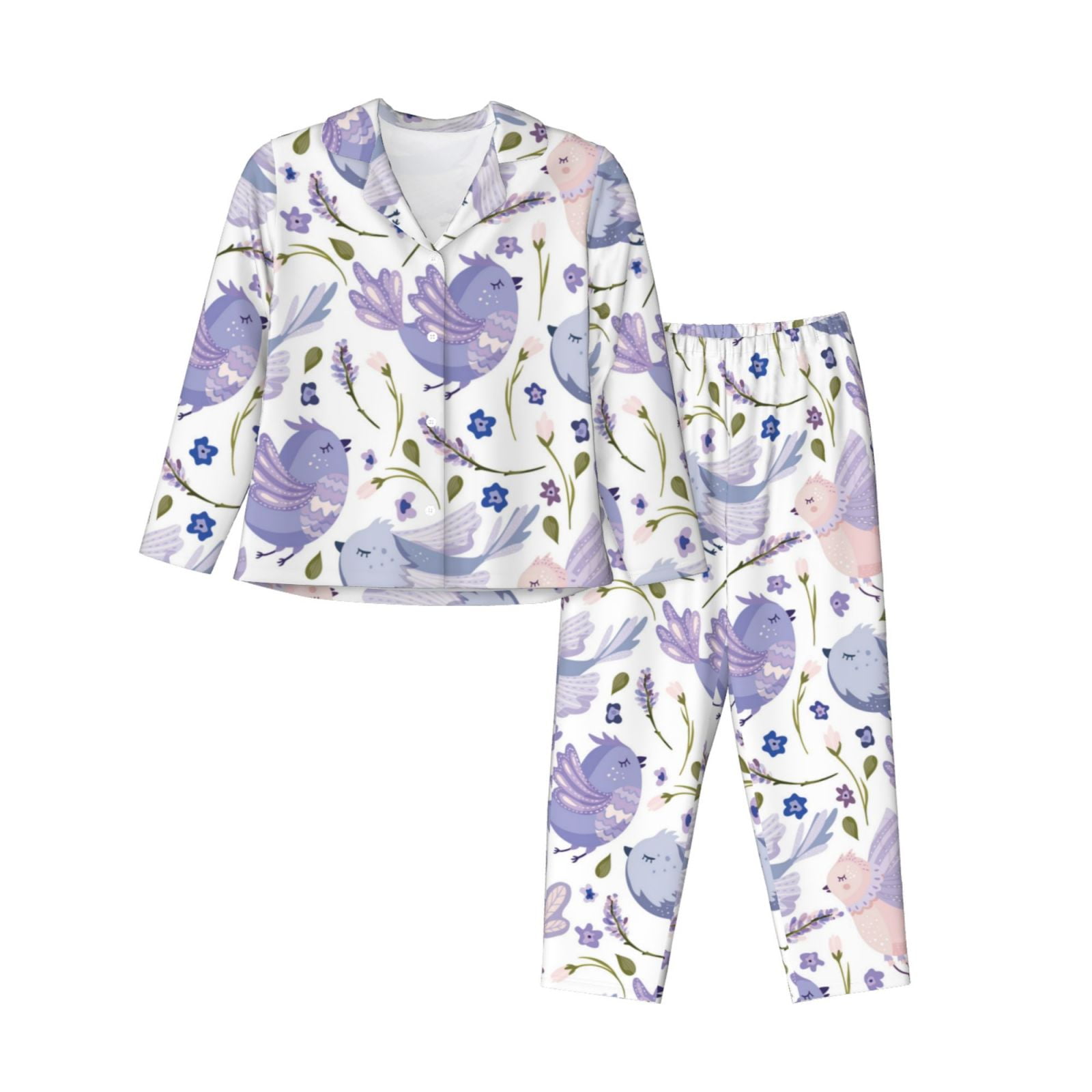 Womens Pajamas Sets 2 Pack - Lavender Flowers Bird Purple Long Sleeve ...