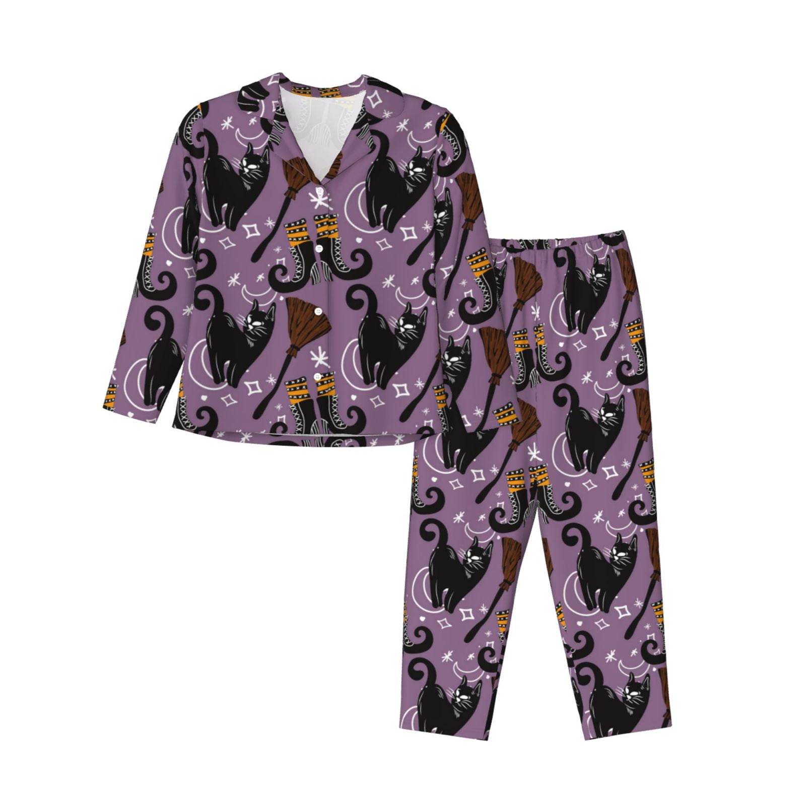 Womens Pajamas Sets 2 Pack - Magic Style Cartoon Broom Cat Long Sleeve ...