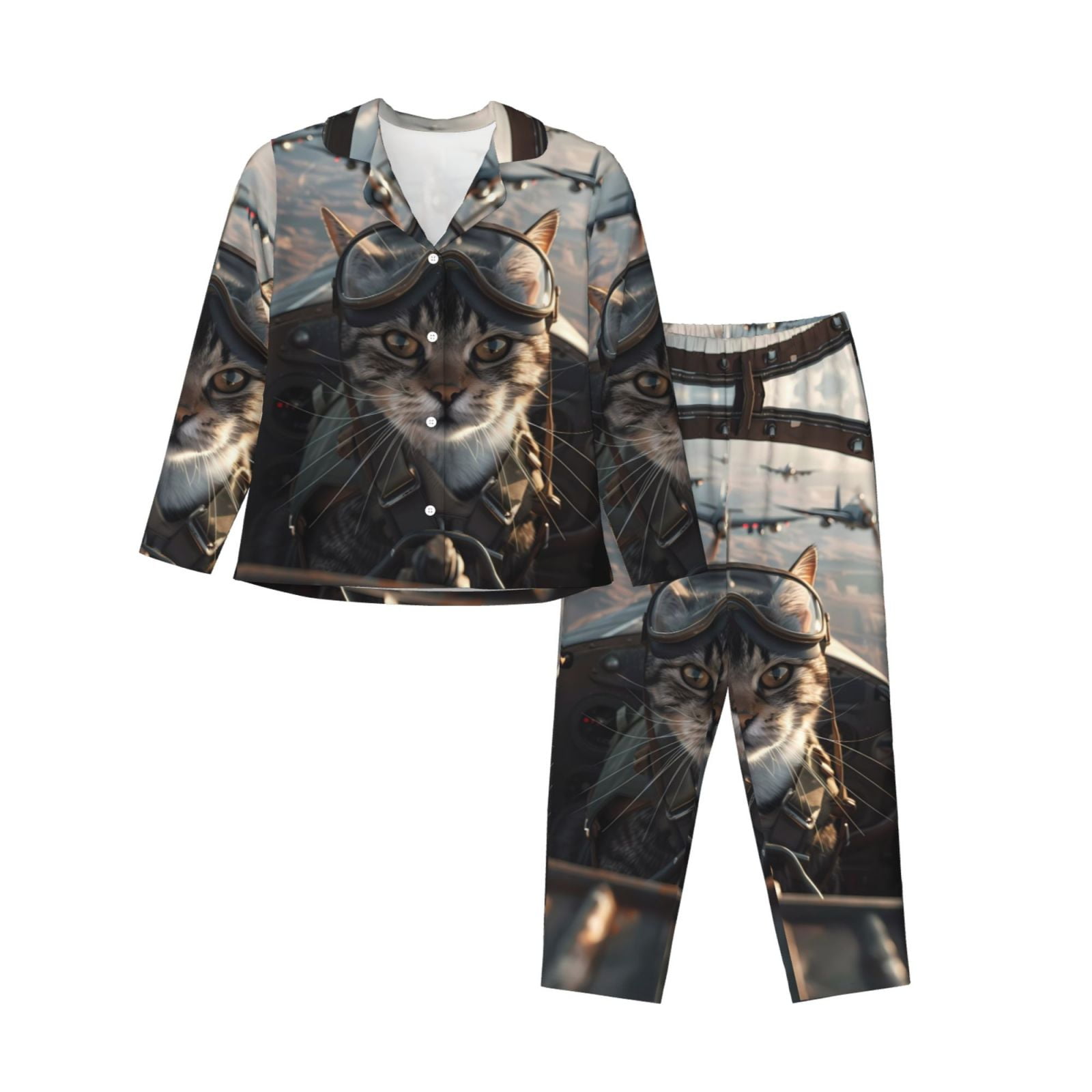 Womens Pajamas Sets 2 Pack - Pilot Cat In Vintage Plane Long Sleeve ...