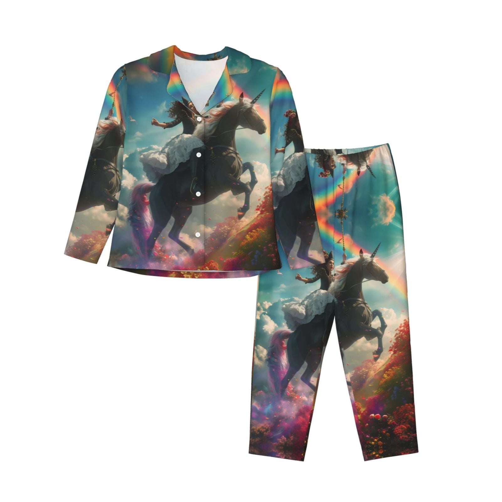 Womens Pajamas Sets 2 Pack - Rainbow Horse with Female Knight Long ...