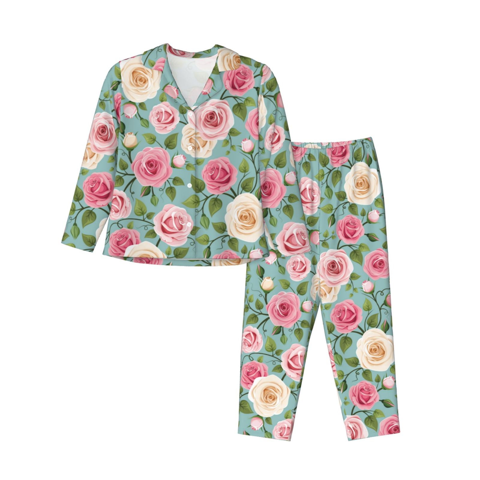 Womens Pajamas Sets 2 Pack - Rose Flowers Temg Long Sleeve Sleepwear ...