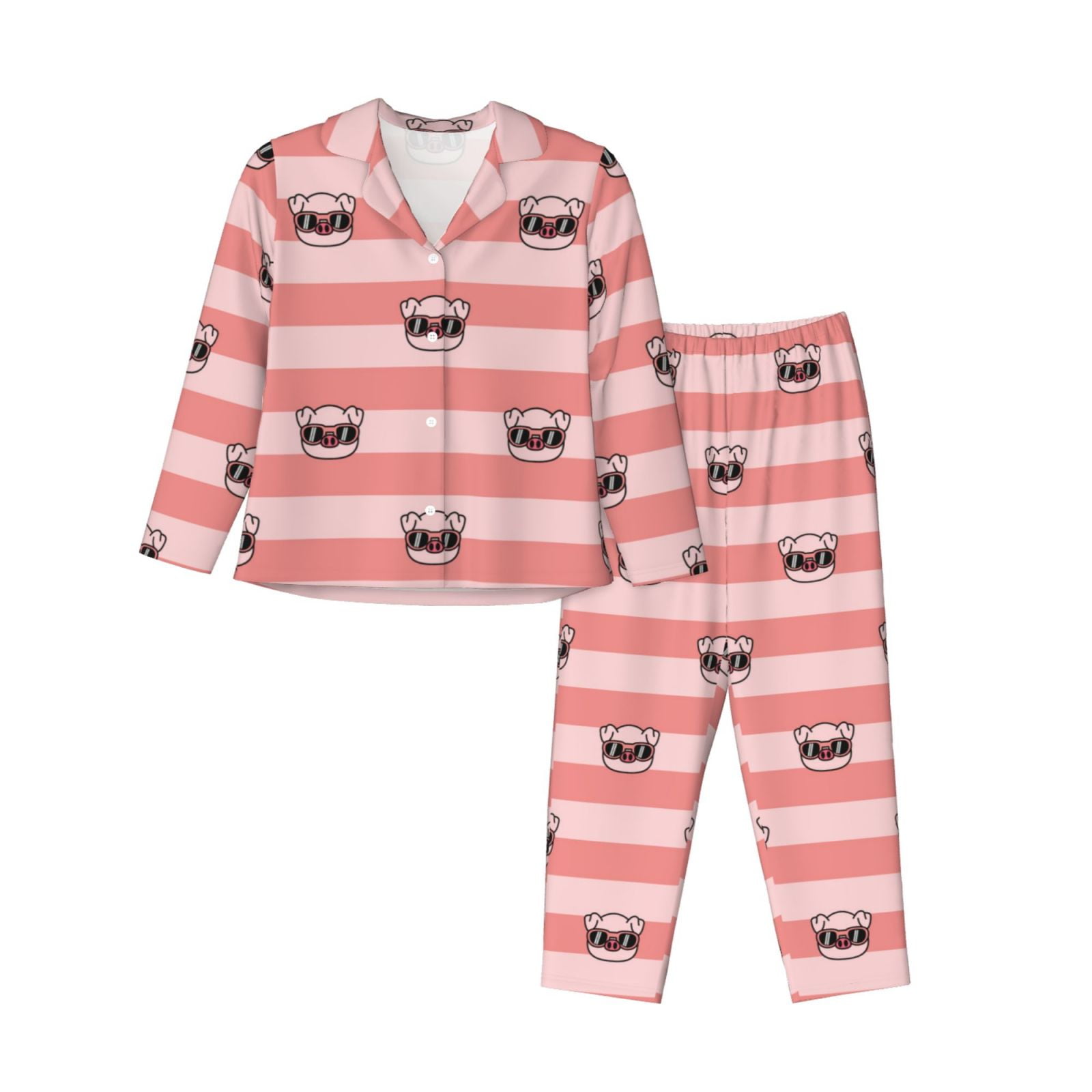 Womens Pajamas Sets 2 Pack - Striped Cute Glasses Pig Pink Long Sleeve ...