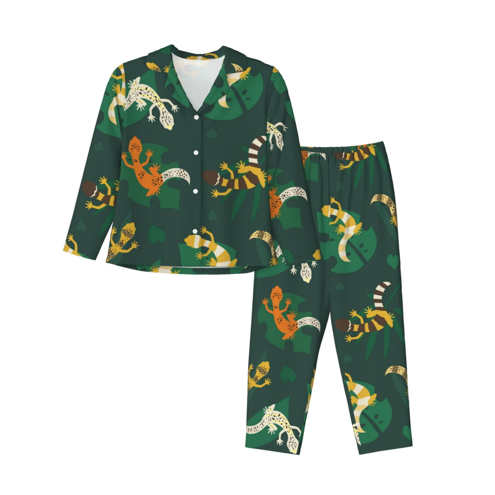 Womens Pajamas Sets 2 Pack - Striped Cute Lizard Gecko Plant Long ...