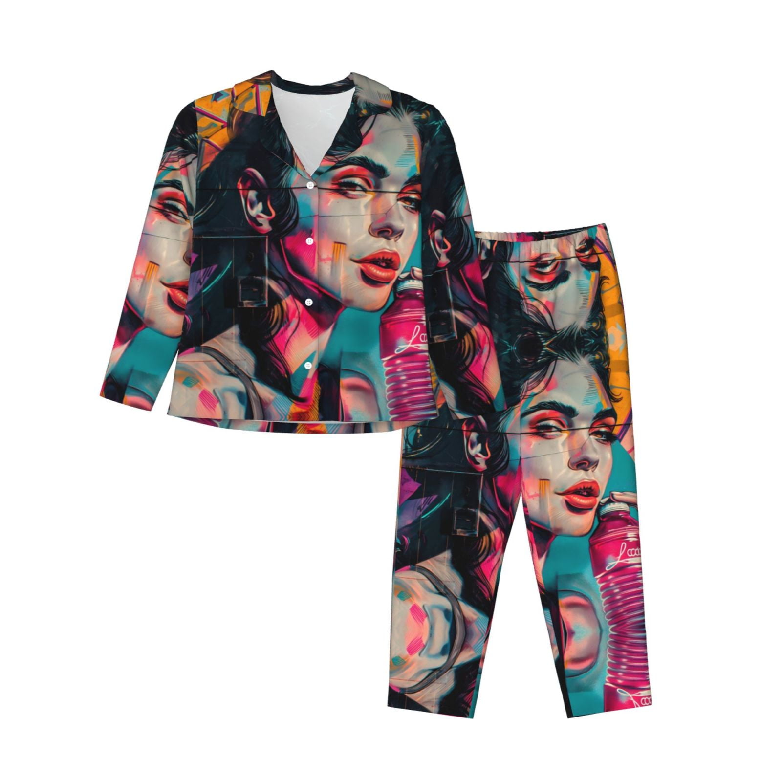 Womens Pajamas Sets 2 Pack - Vibrant Street Art Portrait Long Sleeve ...