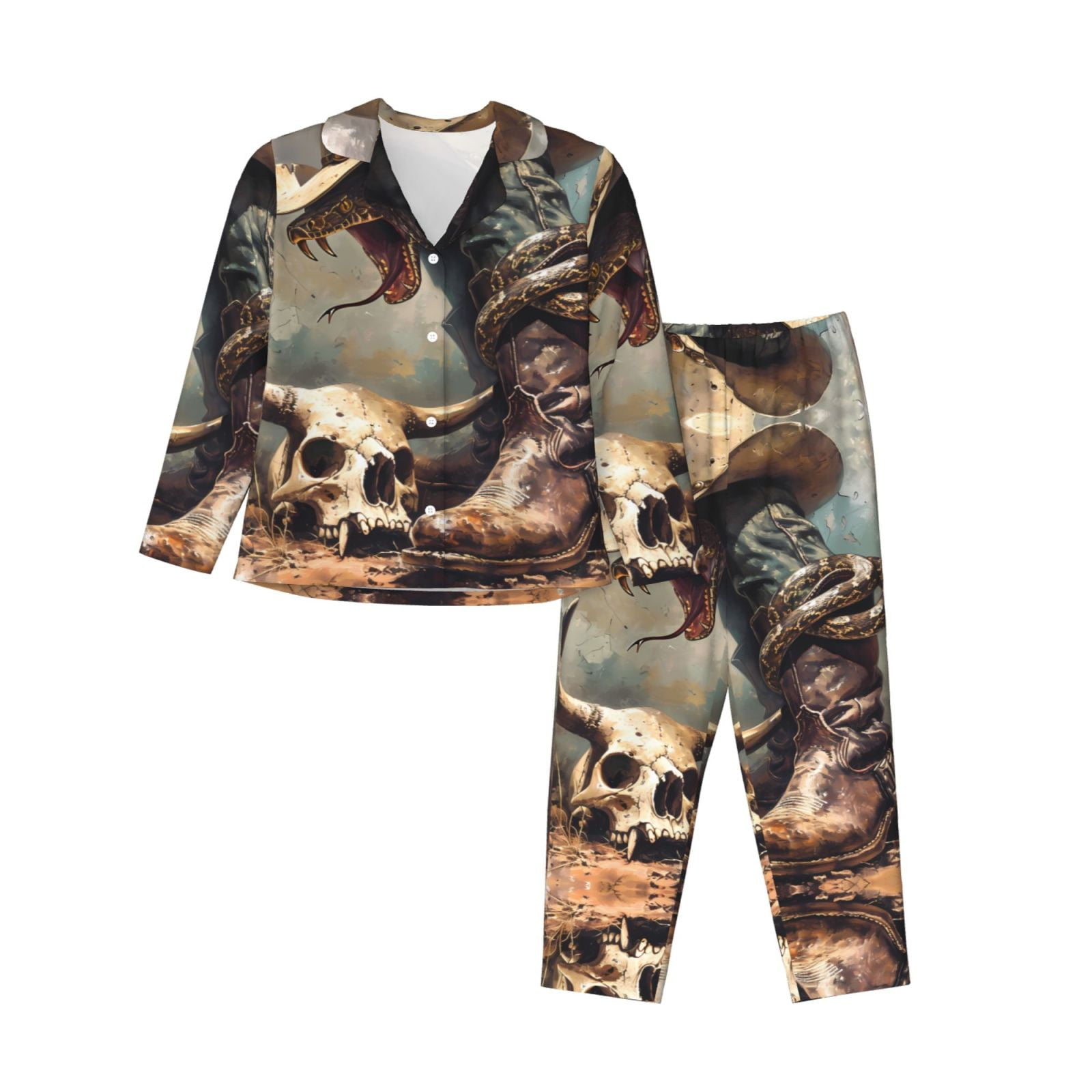 Womens Pajamas Sets 2 Pack - Western Cowboy Snake Ram Skull Long Sleeve ...