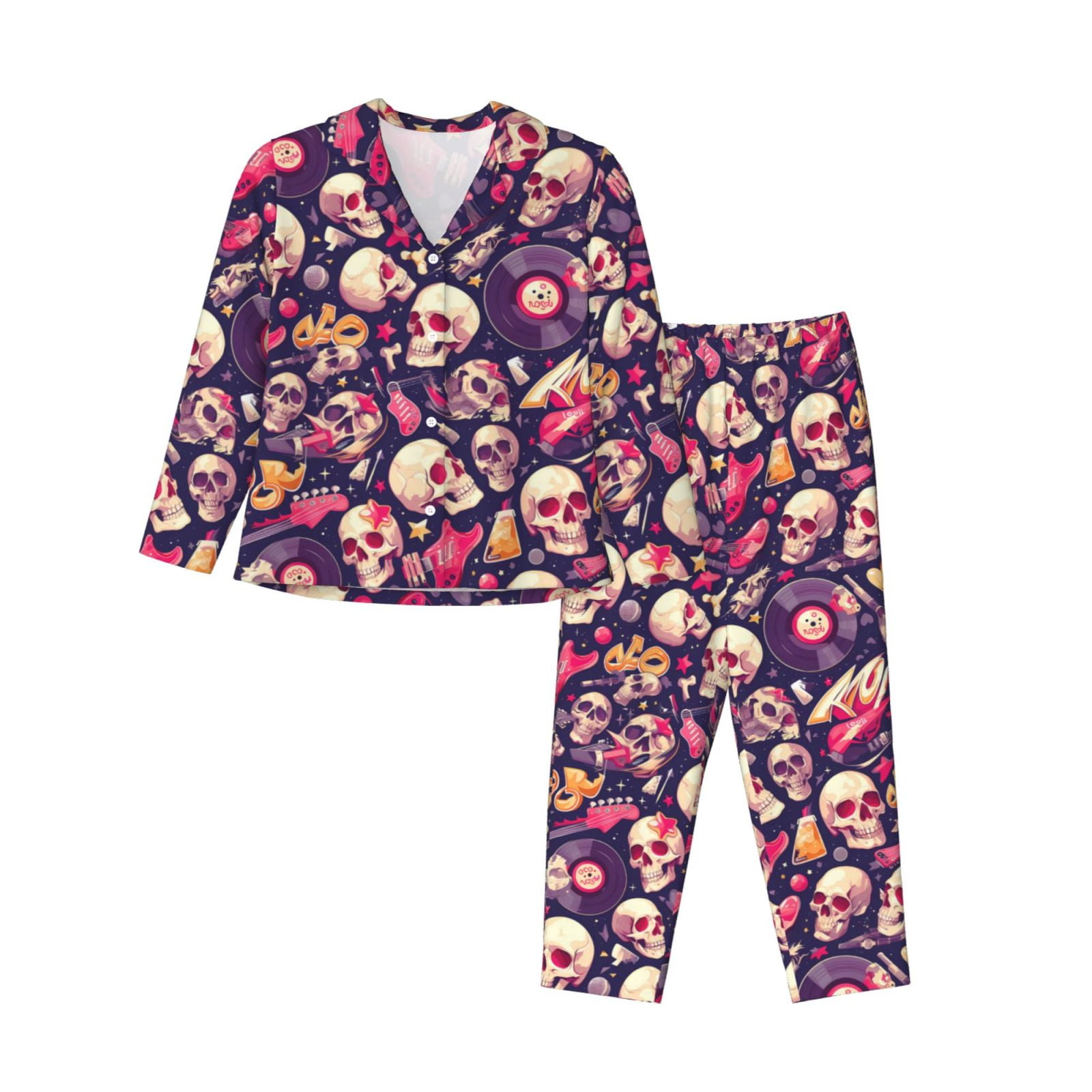 Womens Pajamas Sets 2 Pack - music Skull record Guitar Long Sleeve ...