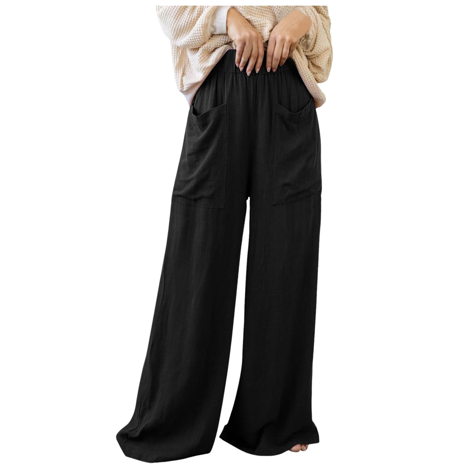 Womens Pants Daily Casual Lightweight Elastic Waist Wide Leg Solid ...