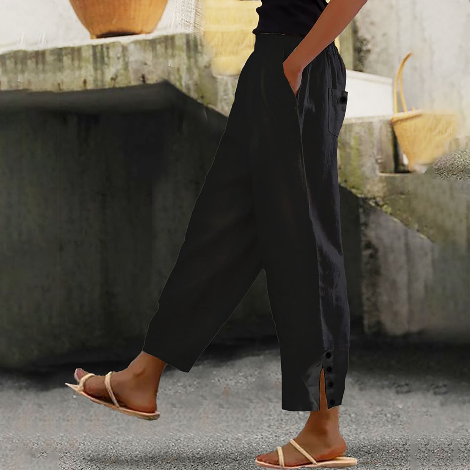 Womens Pants Linen Cropped Elastic Waist Drawstring With Pockets Solid ...