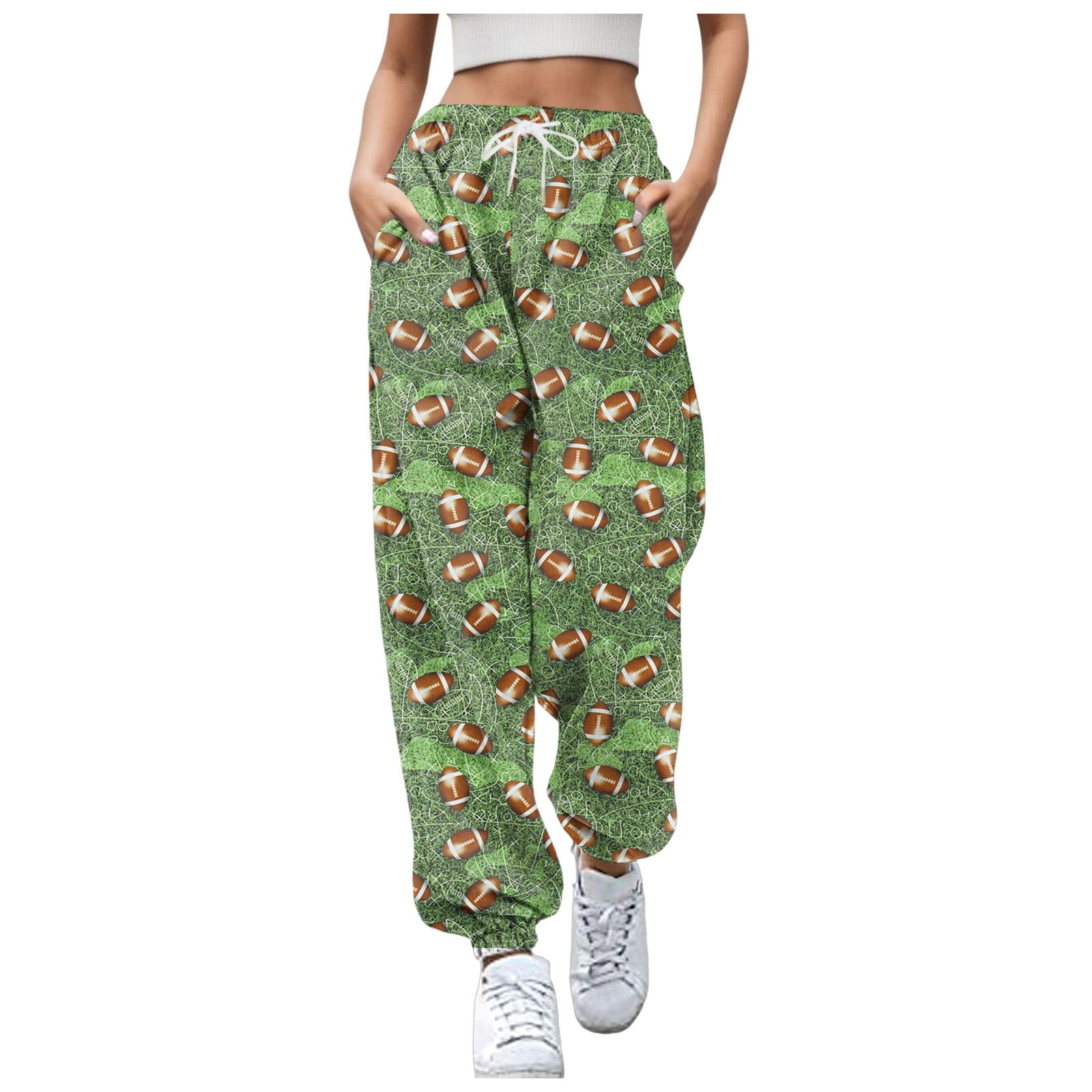 Womens Pants Rugby Print Ankle Strap with Pocket High Waisted ...