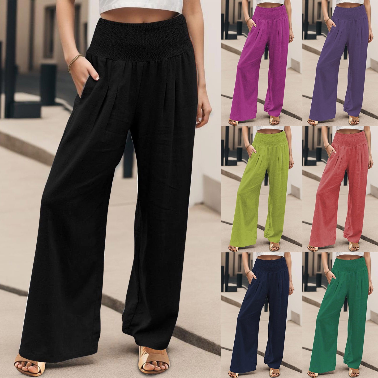 Womens Pants Summer High Waist Wide Leg Palazzo Pants Smocked Elastic ...