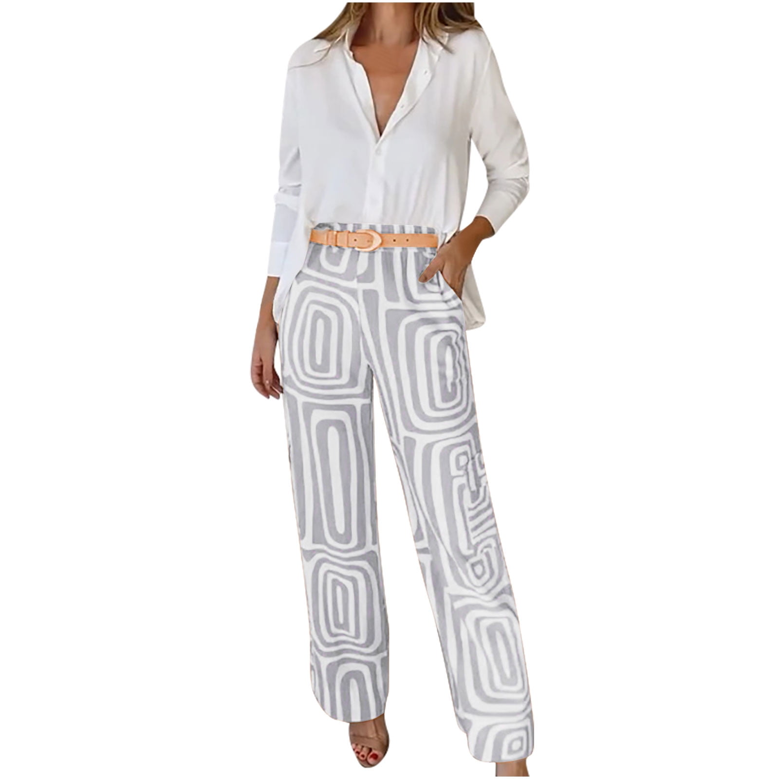 Womens Pantsuits Elegant Long Sleeve Blouses Matching High Waisted ...