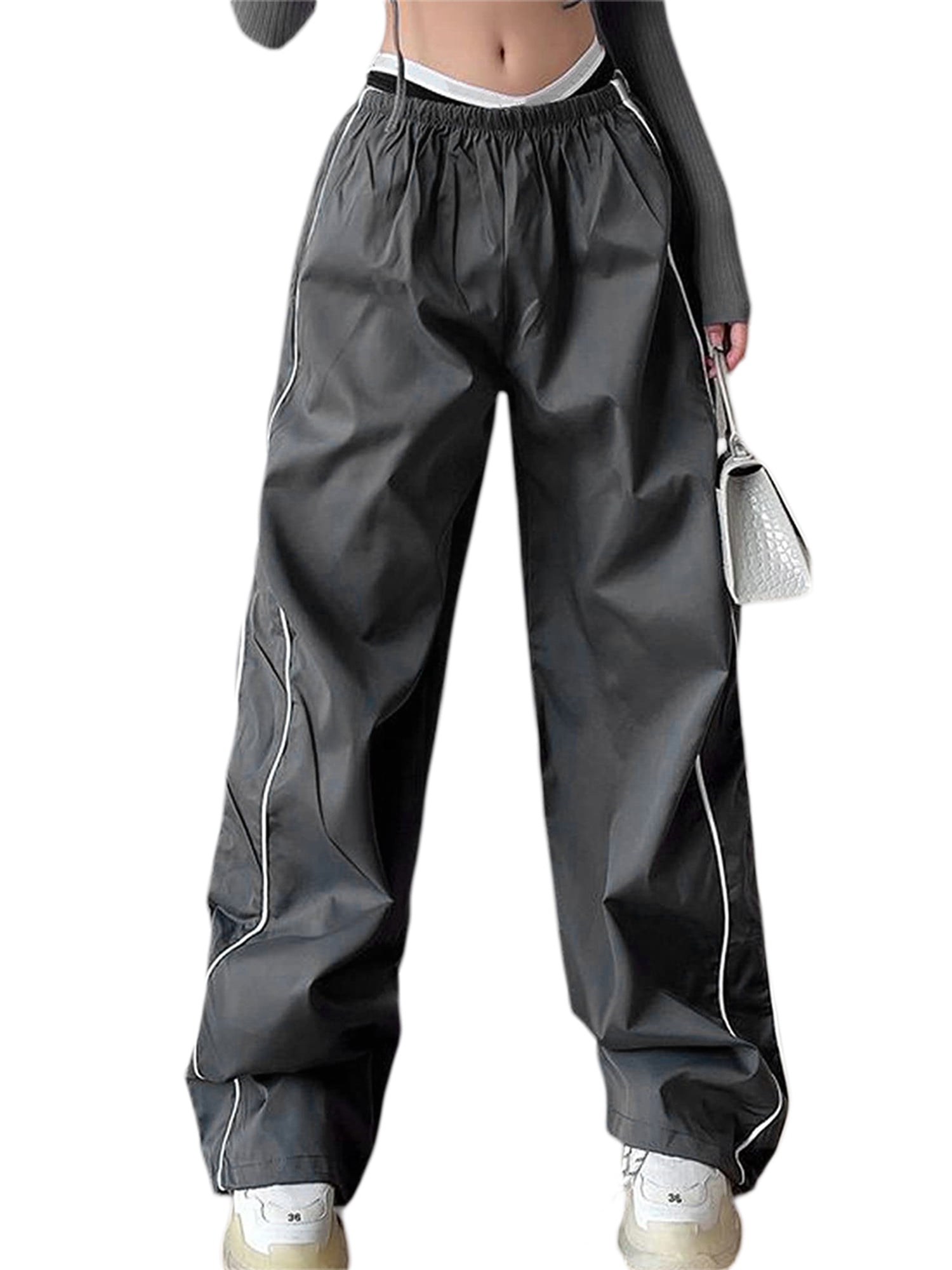 Womens Parachute Pants Cargo Trousers Elastic Waist Wide Leg Track ...