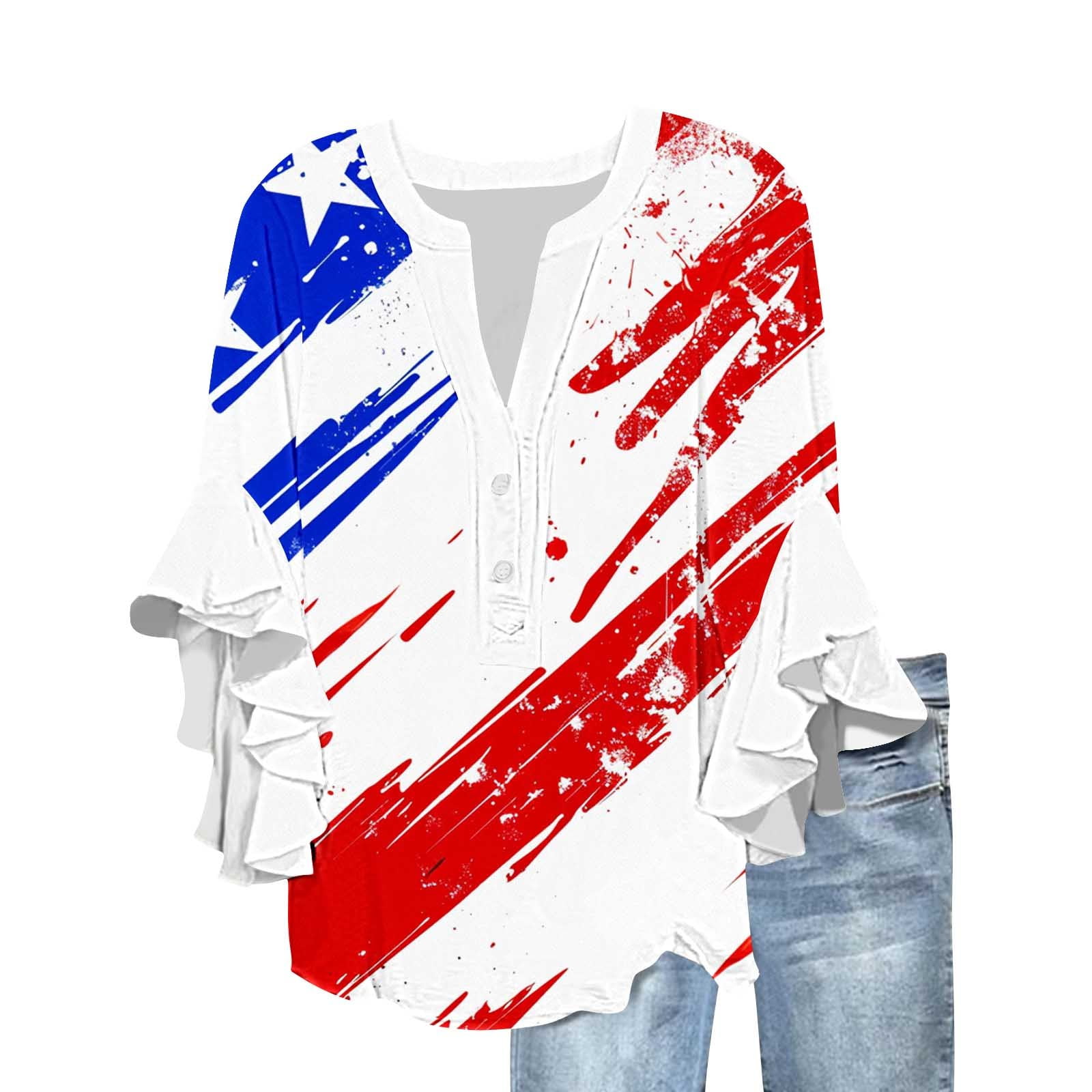 Womens Patriotic 3/4 Sleeves Independence Day Tops Flowy Ruffle Tops ...