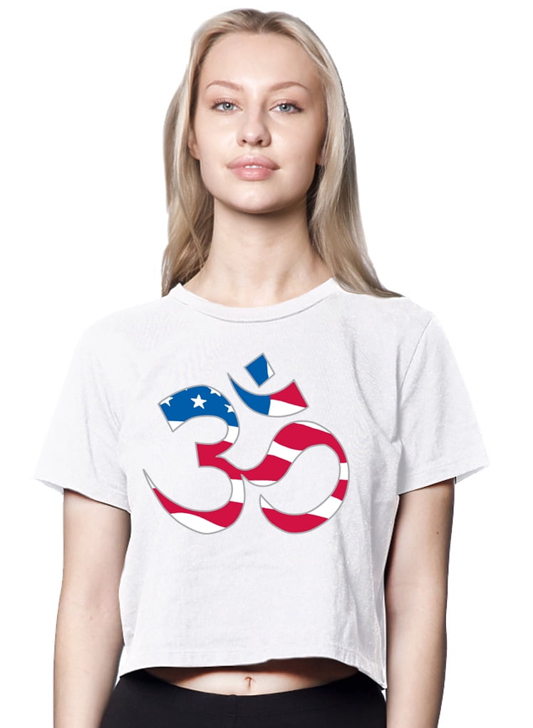Womens Patriotic OM American-Made Cute Cropped Yoga Tee Shirt, Extra ...