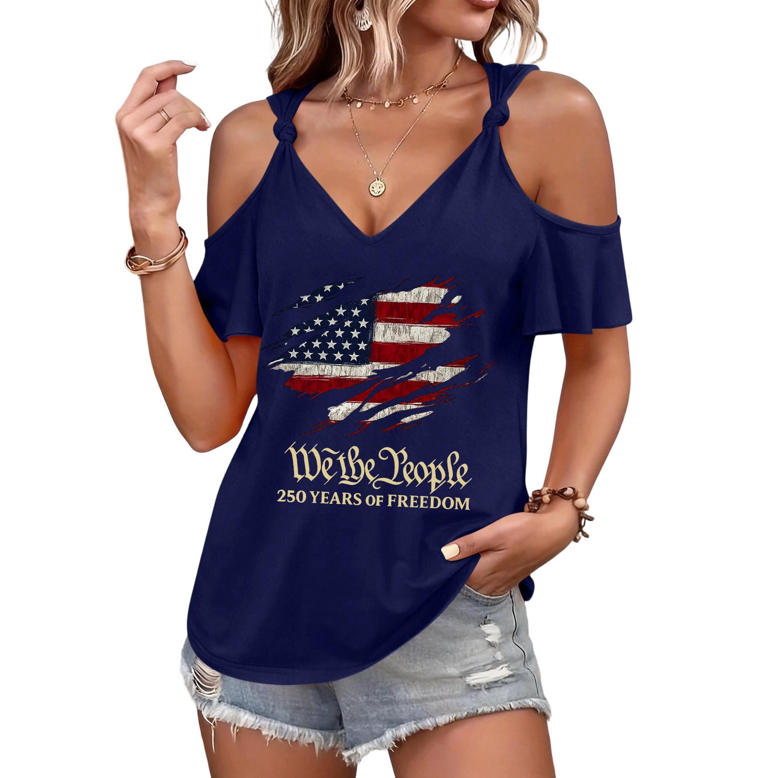 Womens Patriotic Shirts Red White and Blue V Neck Short Sleeve Tops ...