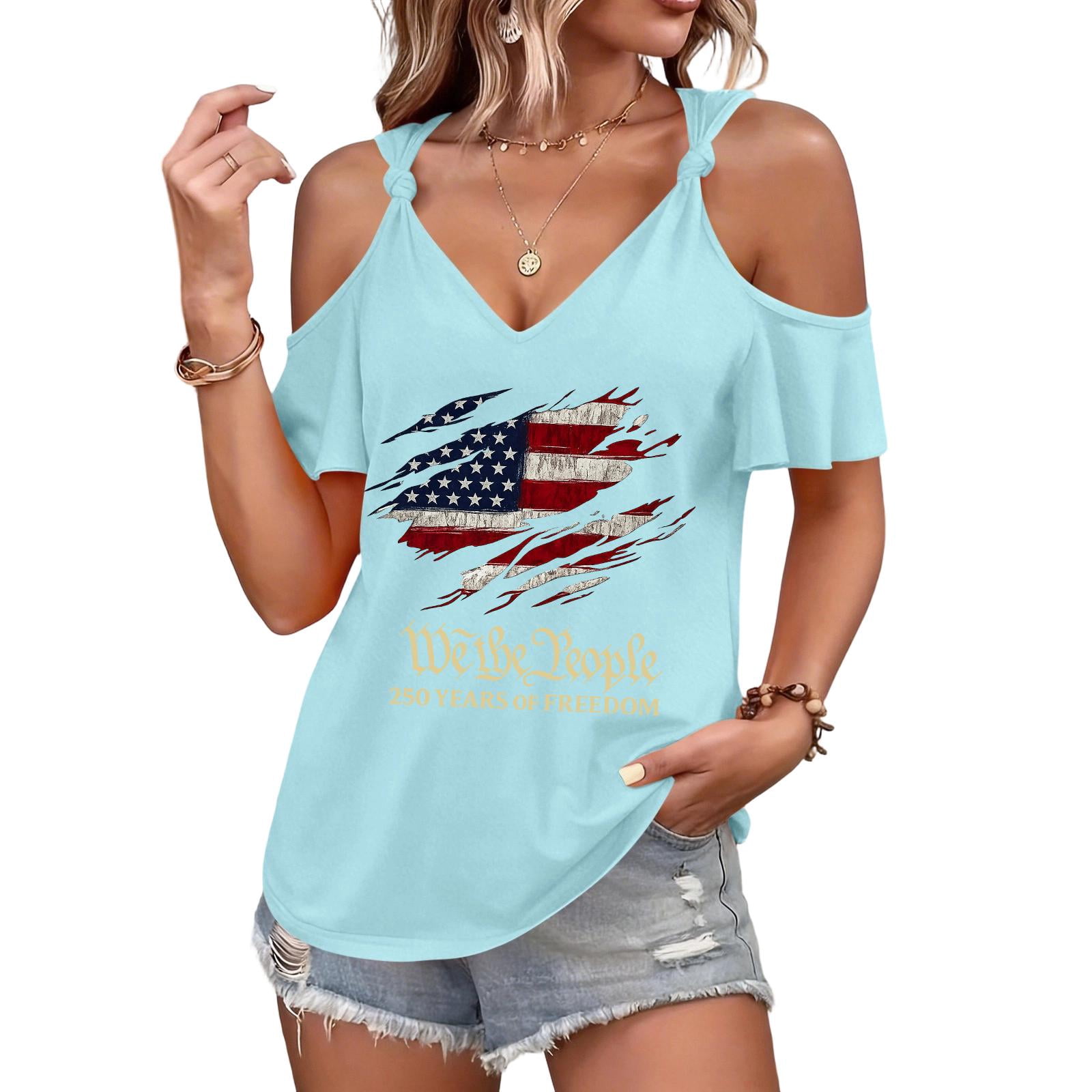 Womens Patriotic Shirts Red White and Blue V Neck Short Sleeve Tops ...