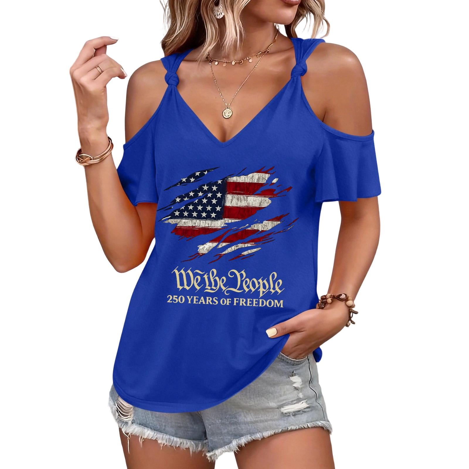 Womens Patriotic Shirts Red White and Blue V Neck Short Sleeve Tops ...