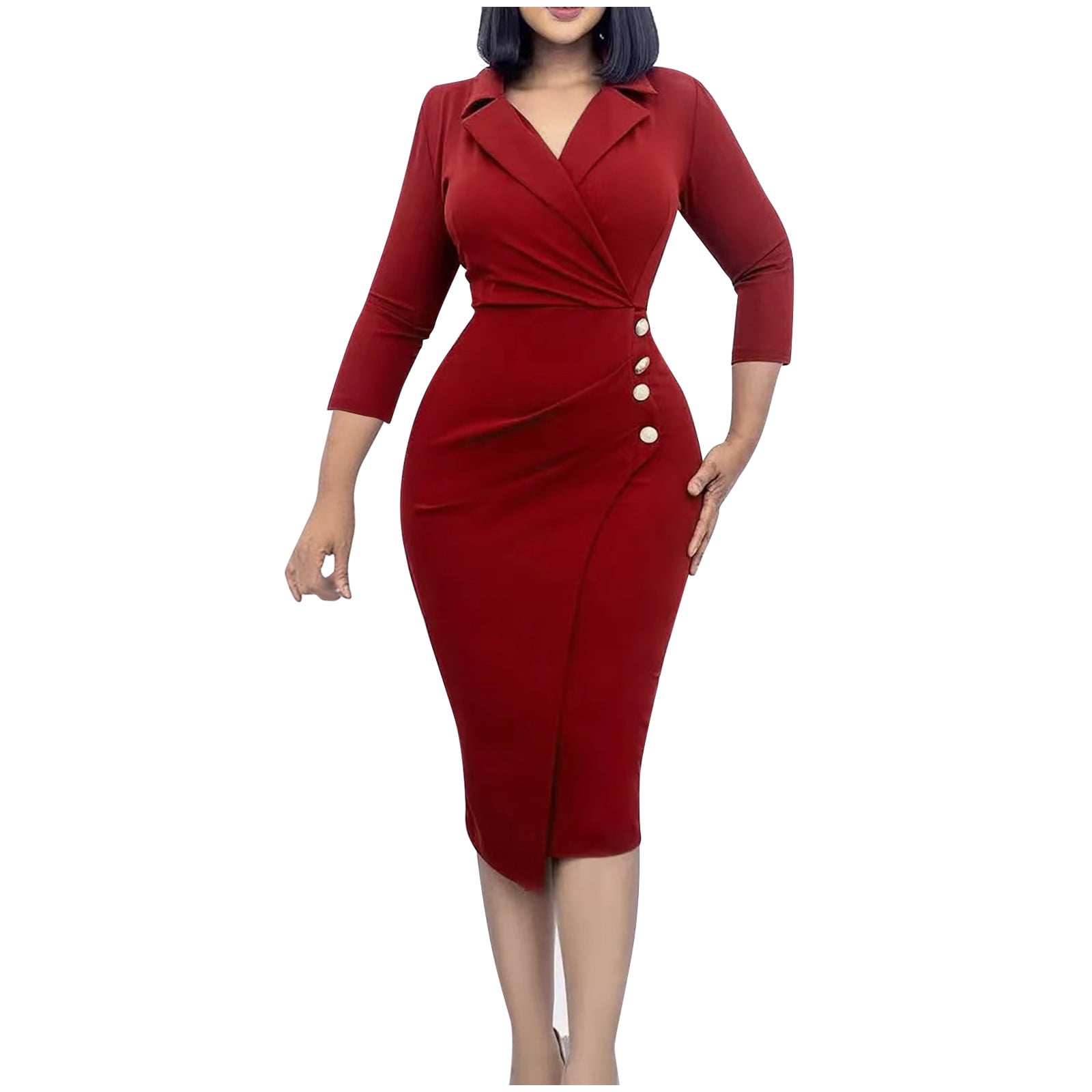 Womens Pencil Work Dresses 3 4 Sleeve Notched Collar V Neck Solid Color