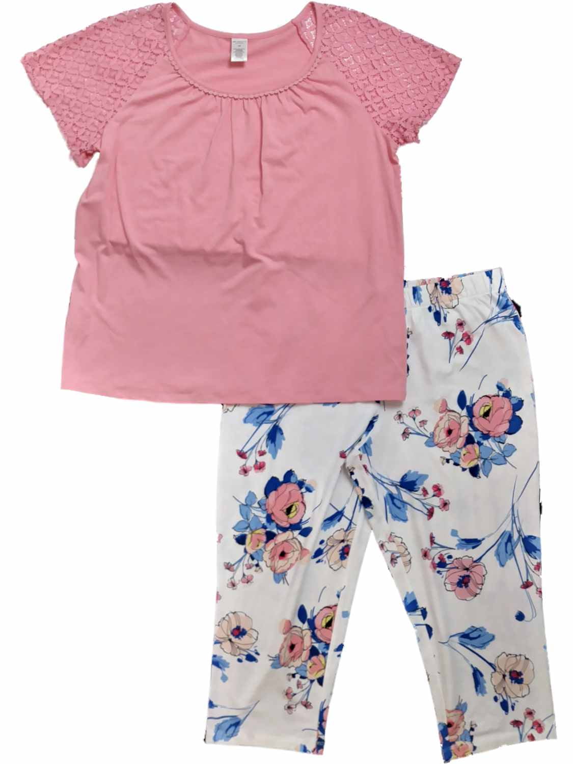 Womens Pink Blue Flower Rose Lace Pajamas Watercolor Floral Sleep Set ...