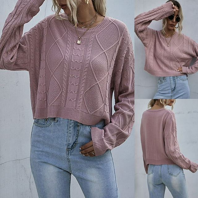 Womens Pink Sweaters Long Sleeve Knit Texture Cropped Sweater Crew Neck ...