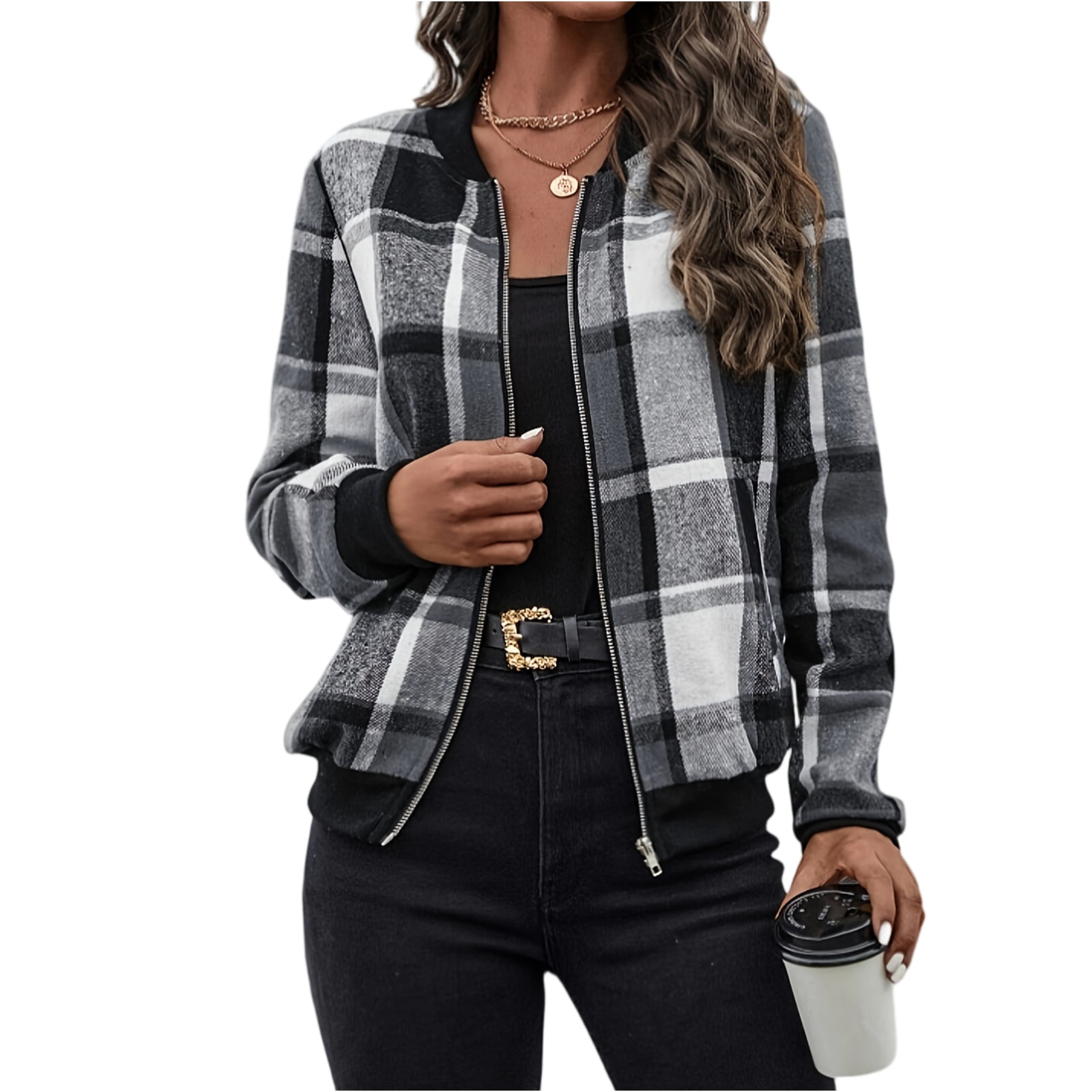 Womens Plaid Bomber Jacket Lightweight Zip Up Shackets Trendy Casual ...
