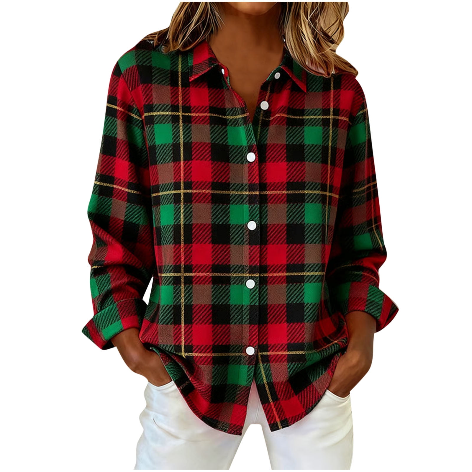 Womens Plaid Button Up Shirts Long Sleeve Lapel Collar Blouses ...