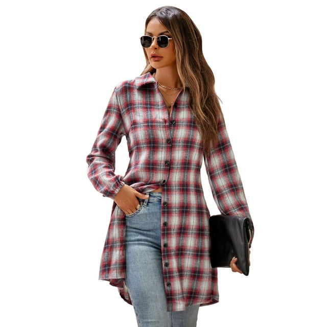 Womens Plaid Dress Flannel Puff Sleeve Dress Button Down Casual Dresses ...