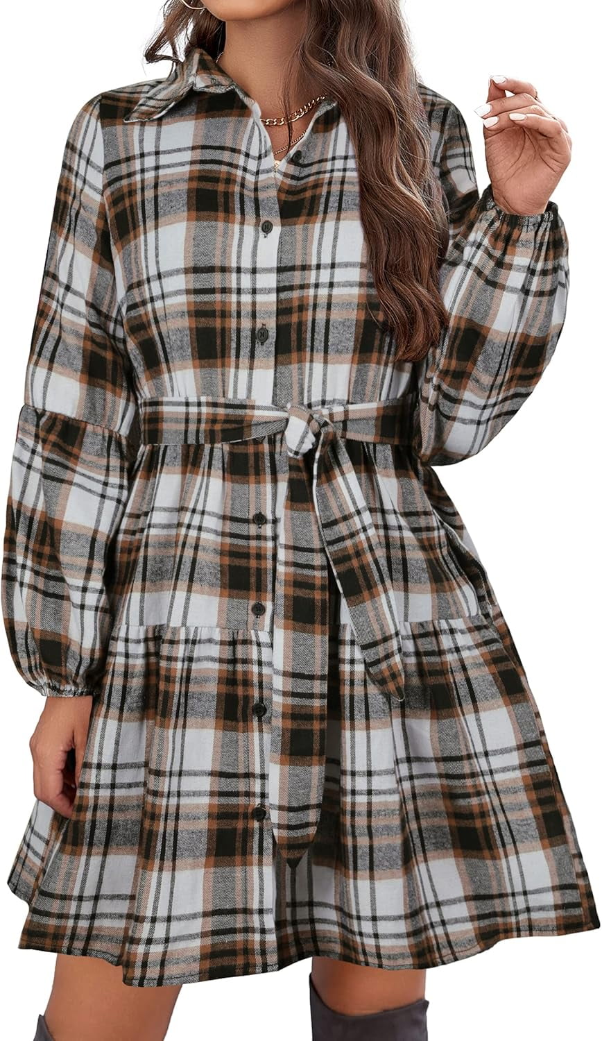 Womens Plaid Dresses Flannel Babydoll Dress Casual Tunic Dress Long ...