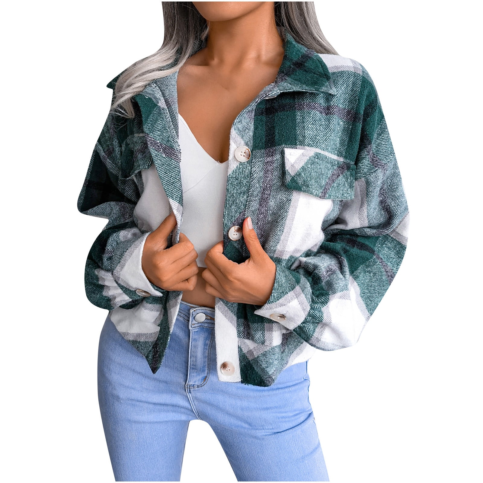 Womens Plaid Flannel Jacket Button Down Shirts Outwear Short Cropped ...