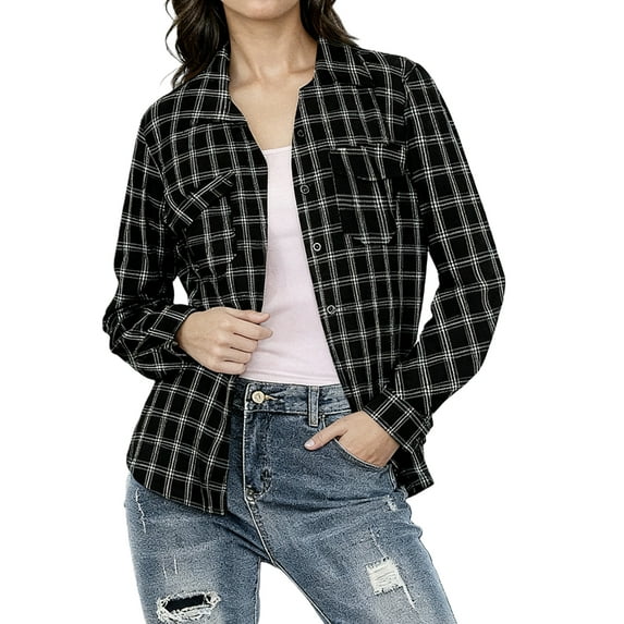 Womens Plaid Flannel Shirts Casual Roll Up Long Sleeve Boyfriend Button ...