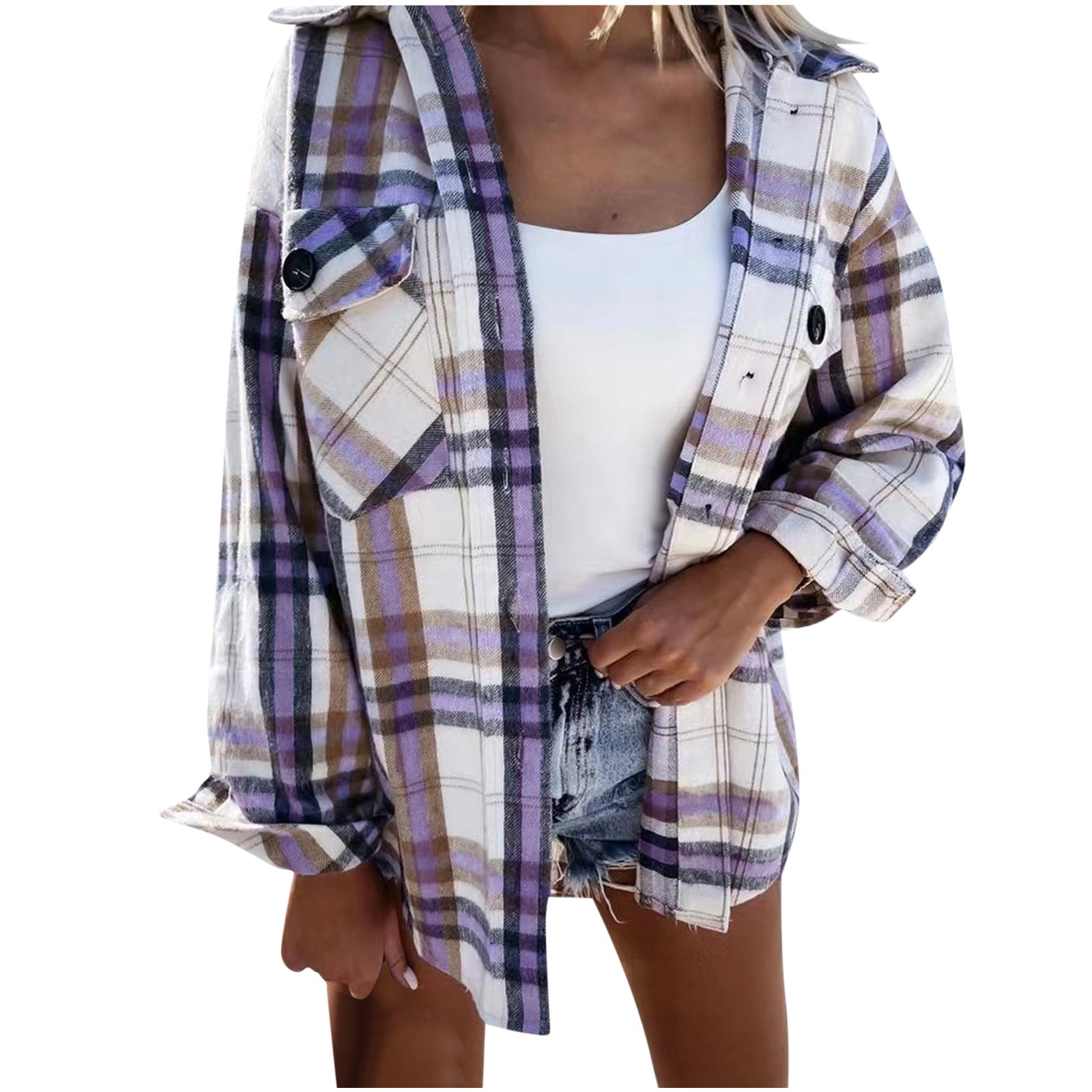 Womens Plaid Shacket Flannel Shirt Jackets Button up with Detachable ...