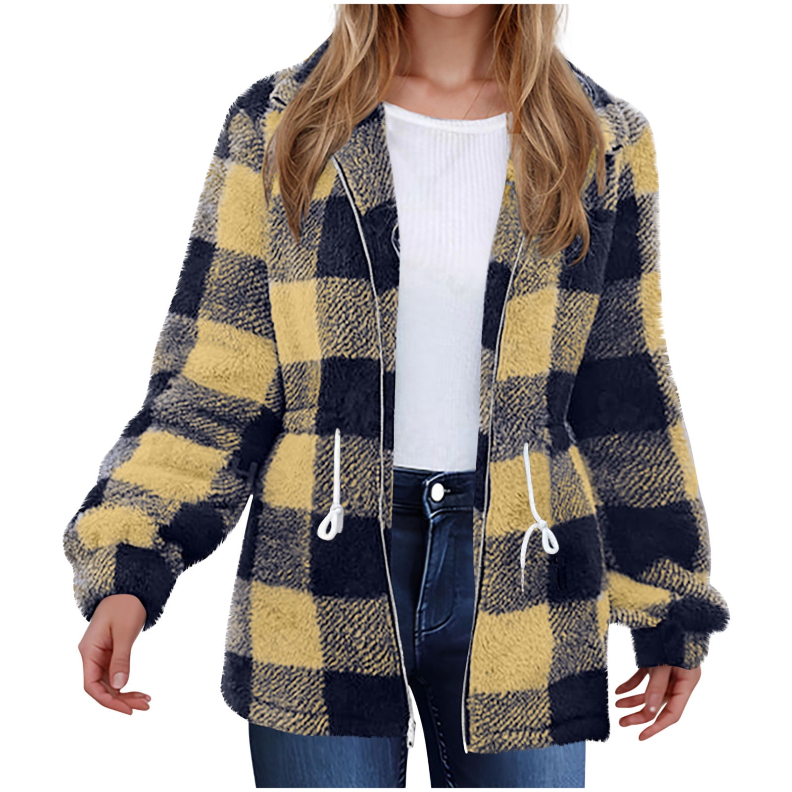 Womens Plaid Shackets Jackets Fleece Sherpa Jacket Fall Winter Full Zip ...