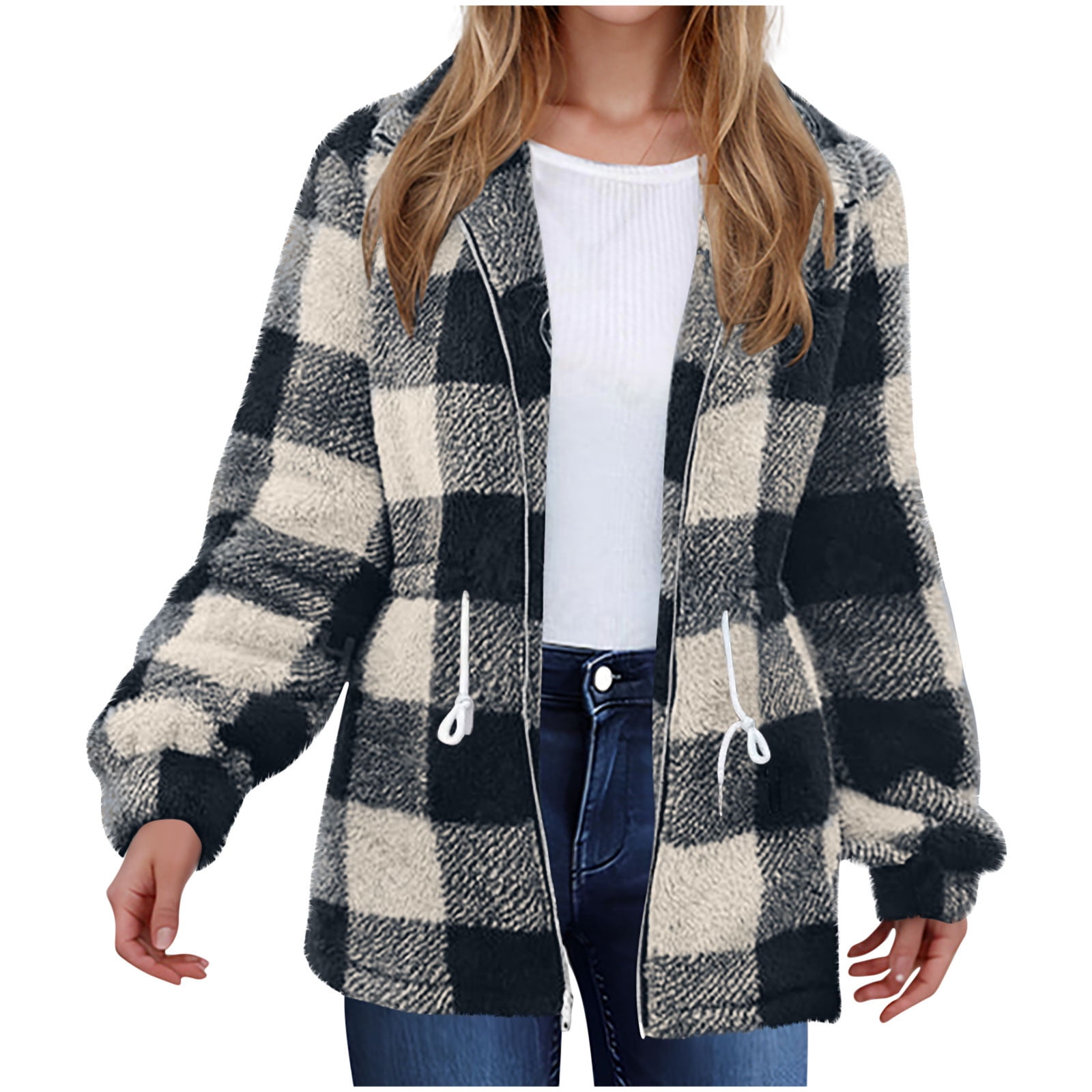 Womens Plaid Shackets Jackets Fleece Sherpa Jacket Fall Winter Full Zip ...