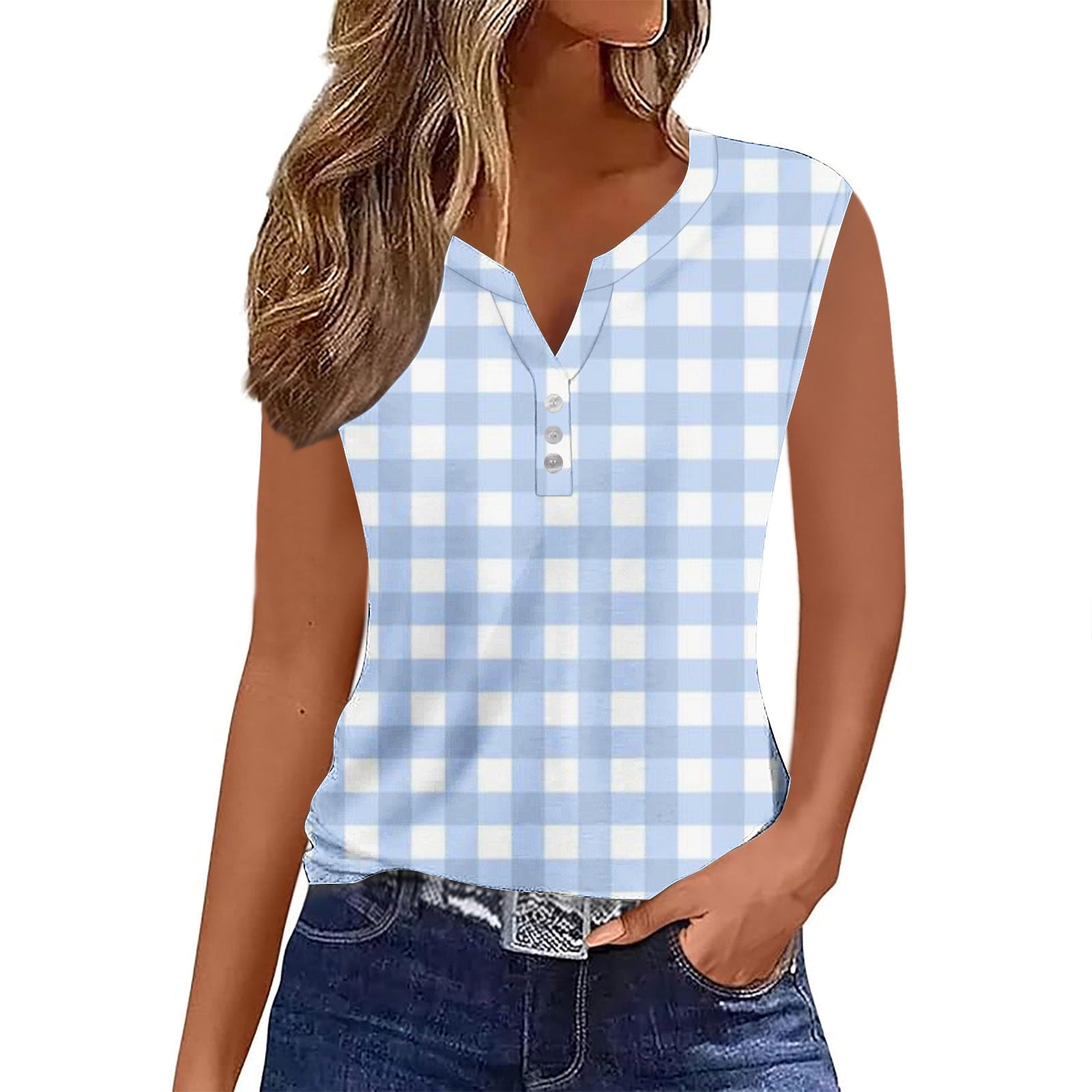 Womens Plaid Tank Top Button Down Loose Casual Sleeveless V-Neck Basic ...