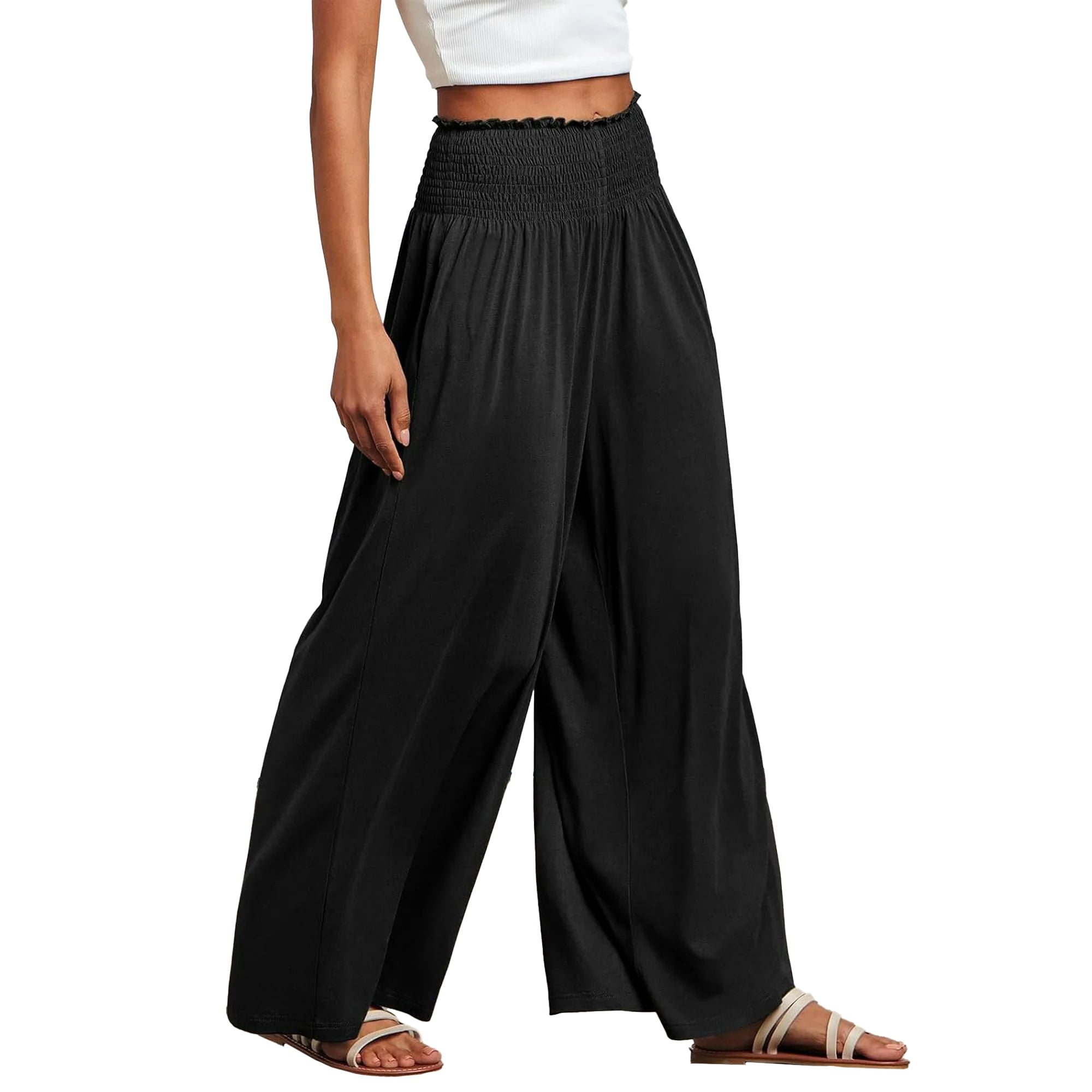 Womens Pants Pleated Flowy Wide Leg Elastic Waist Casual Loose Palazzo Trousers with Pockets ...