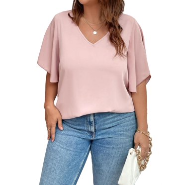 McVanedy Women's Pleated Flare Top V Neck Button Plus Size Short Sleeve ...