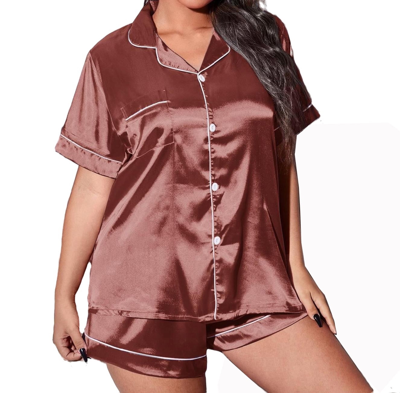 Womens Plus Pajamas Sets Plain Short Sets Sleepwear PJ Set Rust Brown 5XL - Walmart.com