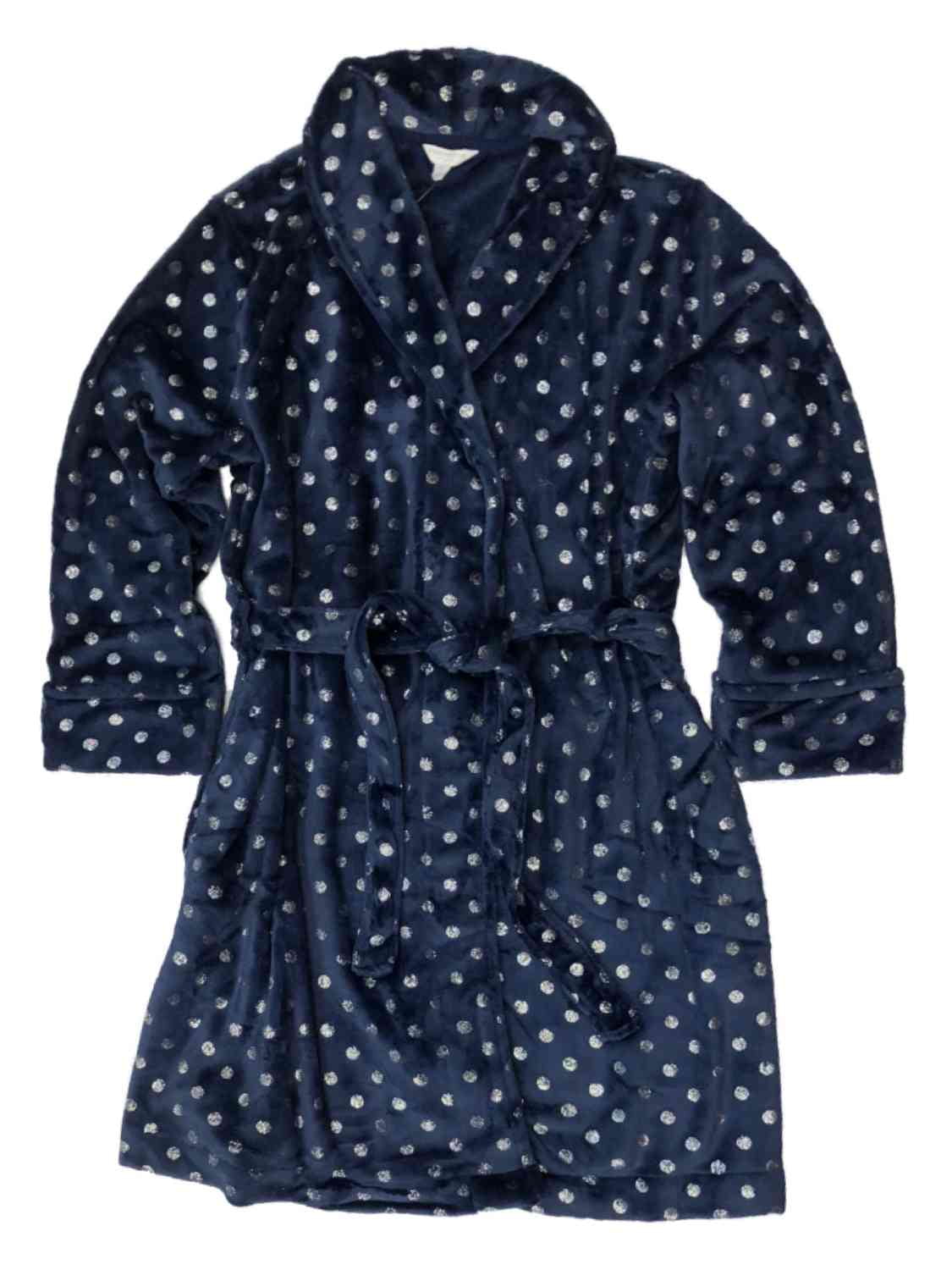 Womens Plus Plush Navy Blue & Silver Polka Dot Bathrobe House Coat Bath ...