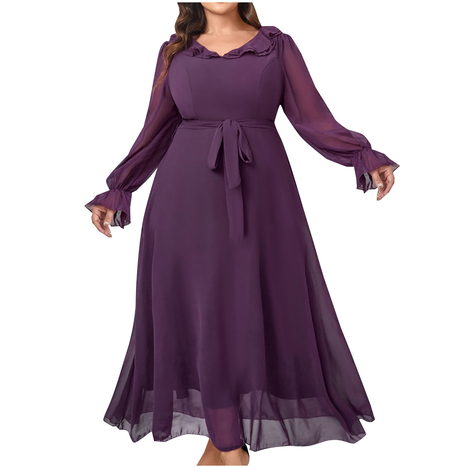 Womens Plus Size Chiffon Maxi Dress Long Puff Sleeve Ruffle Neck ...