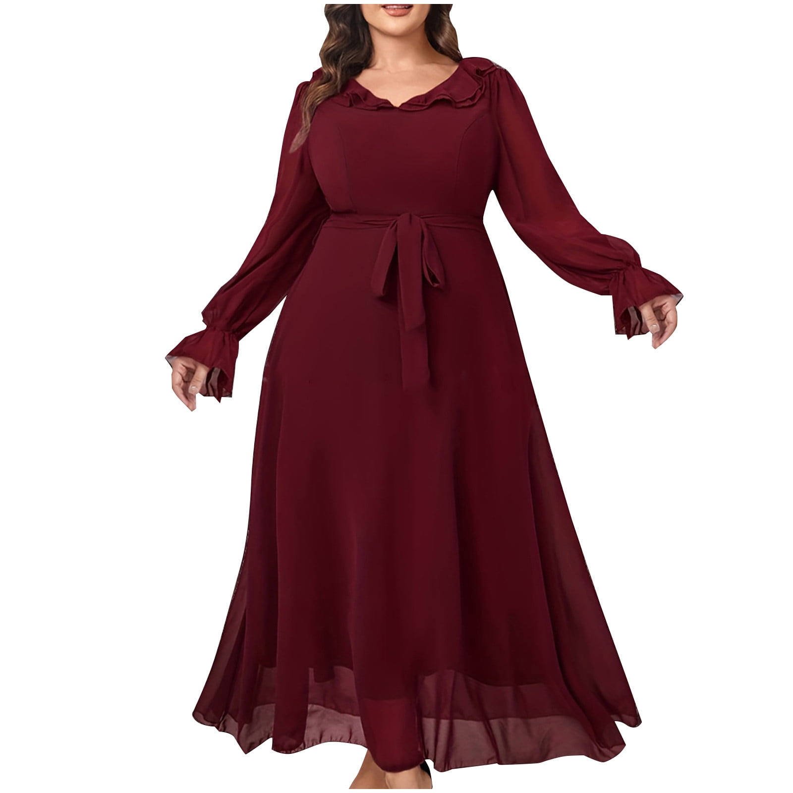 Womens Plus Size Chiffon Maxi Dress Long Puff Sleeve Ruffle Neck ...