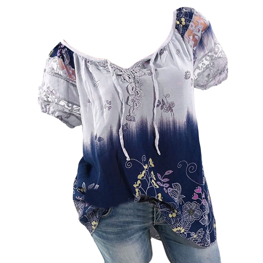 Womens Plus Size $5,Women Short Sleeve V-Neck Lace Printed Lace Tops ...