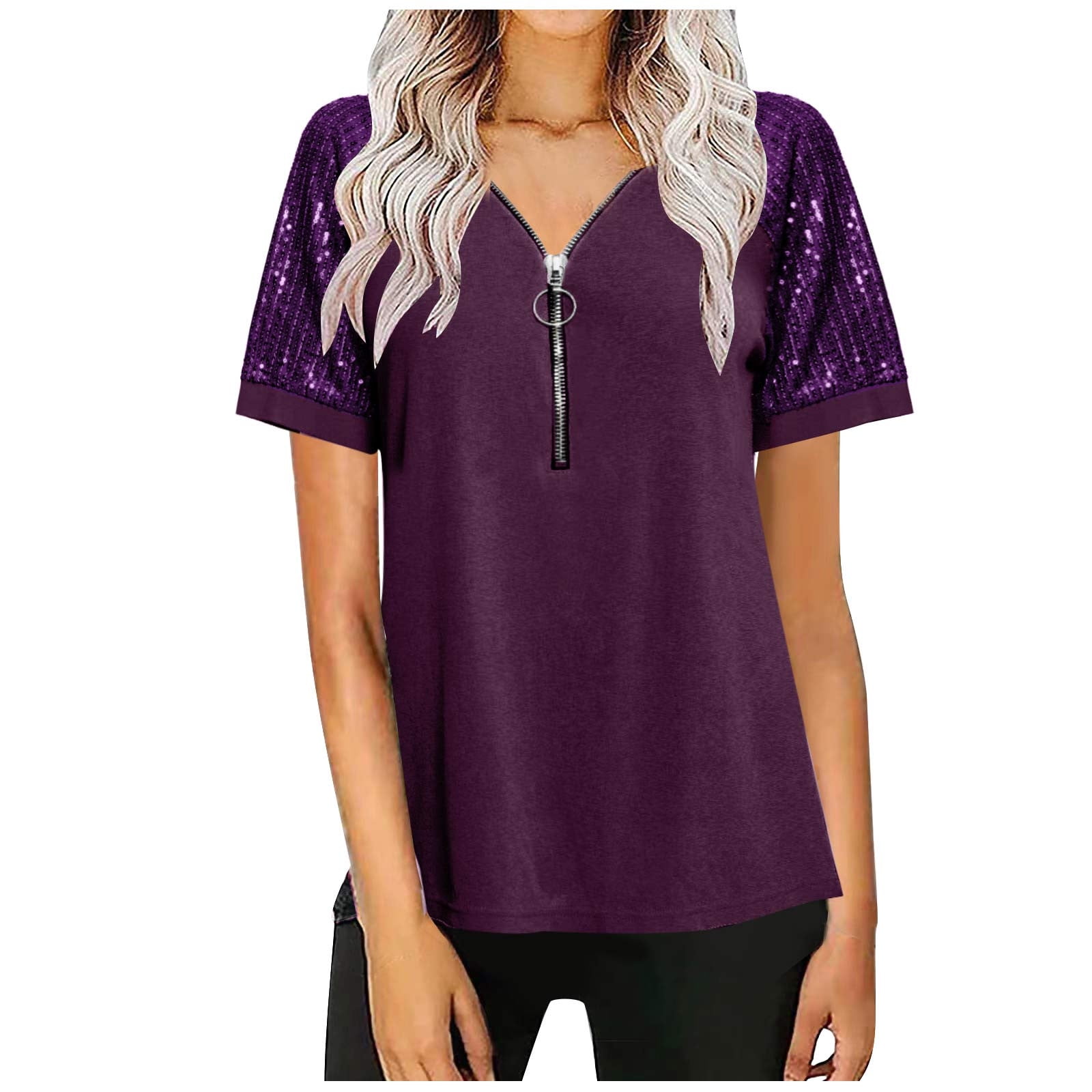 Womens Plus Size Tops Casual V-Neck Patchwork Zipper Short Sleeve Loose ...
