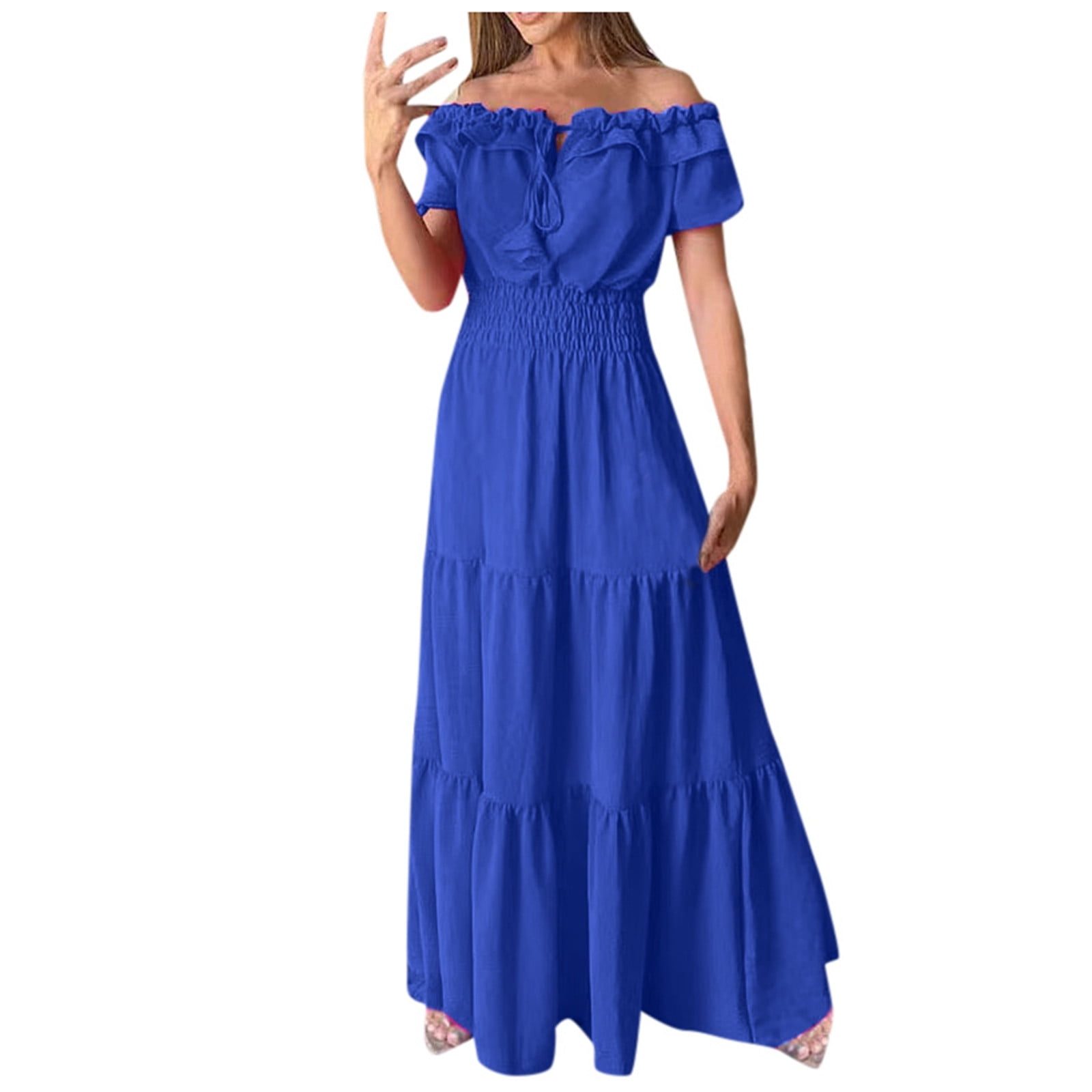 Womens Plus Size Dresses Fashion Solid Color Ruffled Off Shoulder Puff ...