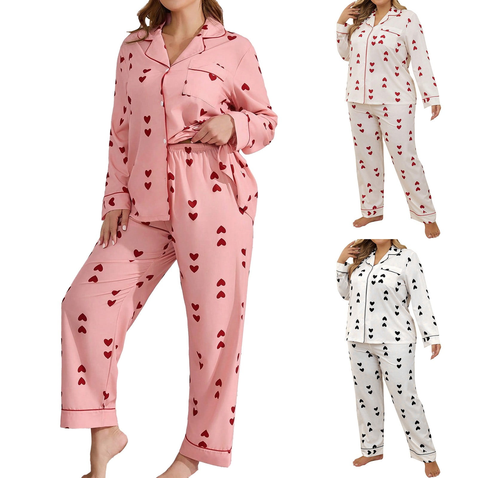 Womens Plus Size Heart Print Pajama Set Long Sleeve Long Pants Two ...