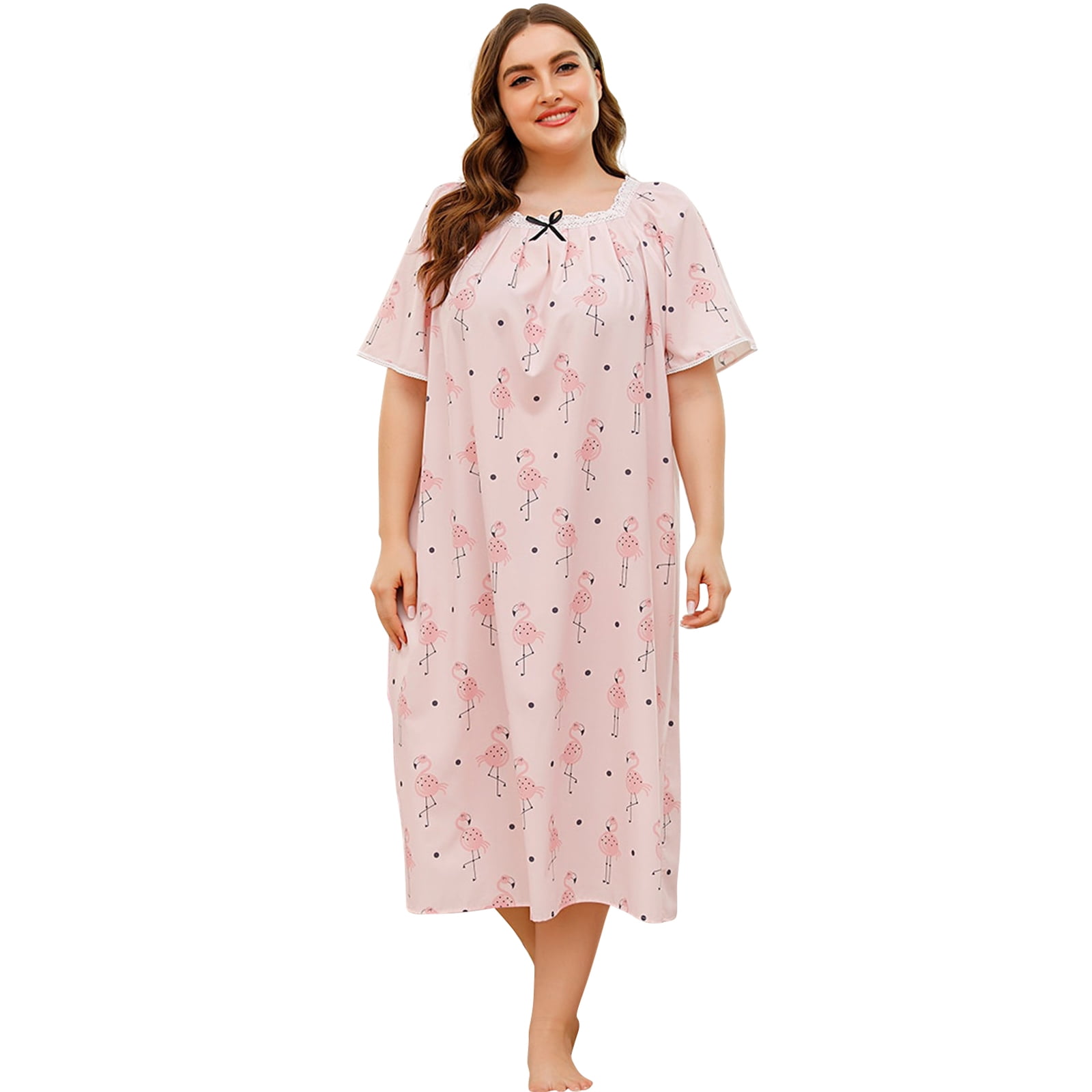 Womens Plus Size House Dress Long Nightgown Short Sleeve Oversized Nightshirt Lace Square Neck ...