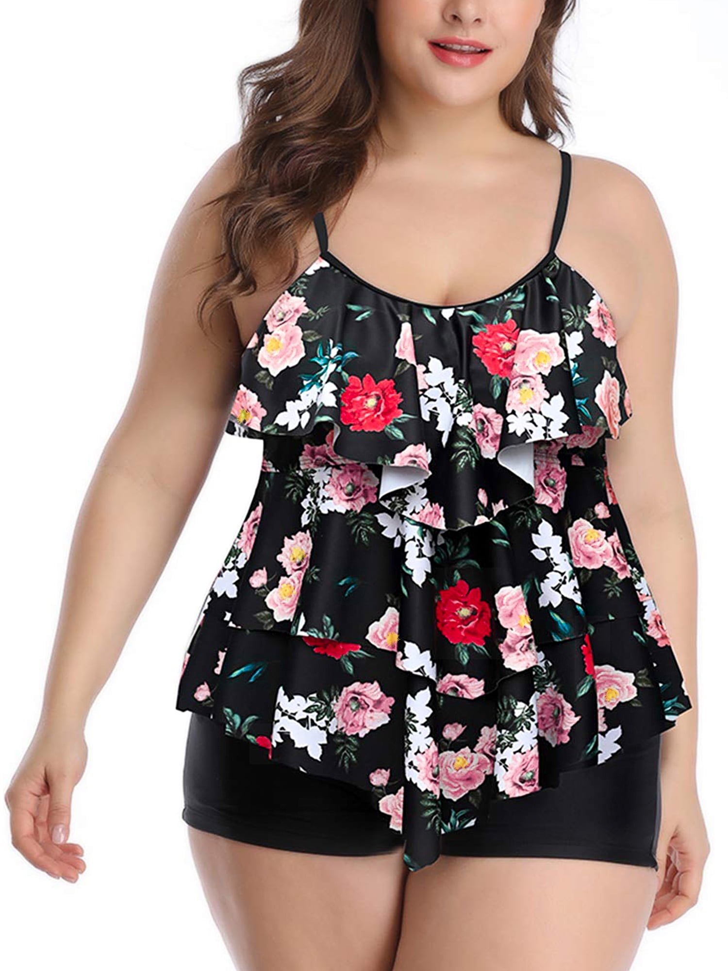 Womens Plus Size Layered Ruffled Tankini Swimsuits with Boyshort Two ...