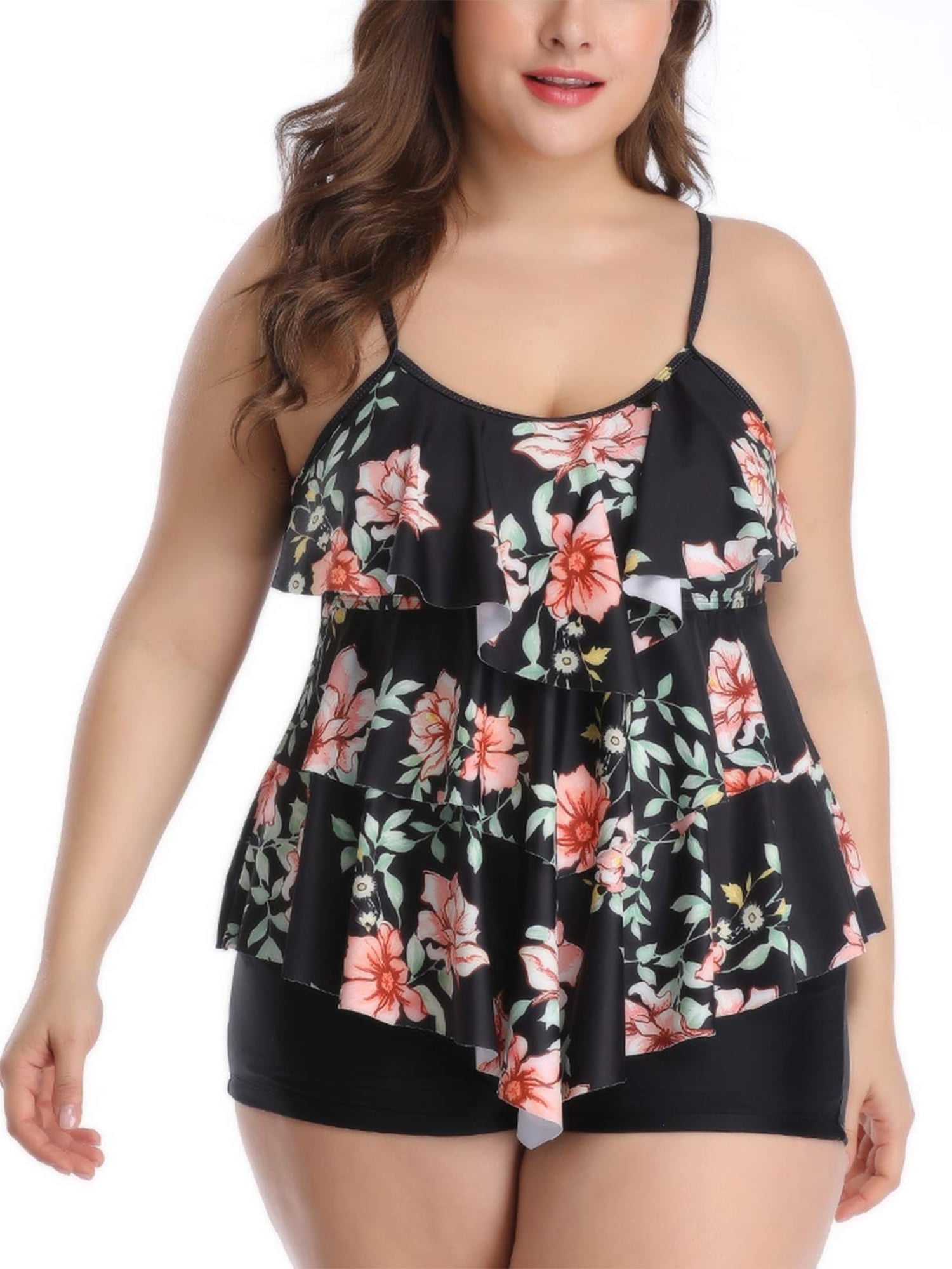 Womens Plus Size Layered Ruffled Tankini Swimsuits with Boyshort Two ...