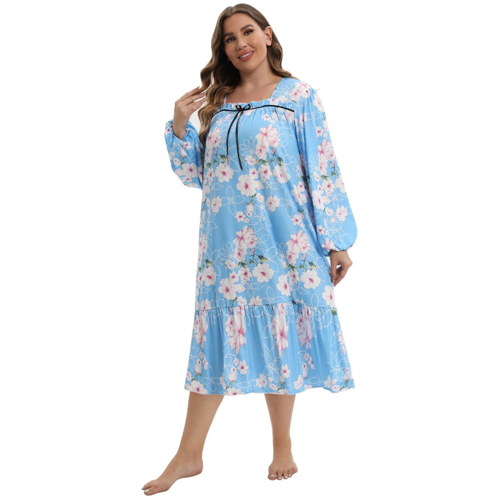 Womens Plus Size Long Nightgown Long Sleeve Soft Sleepwear Floral ...