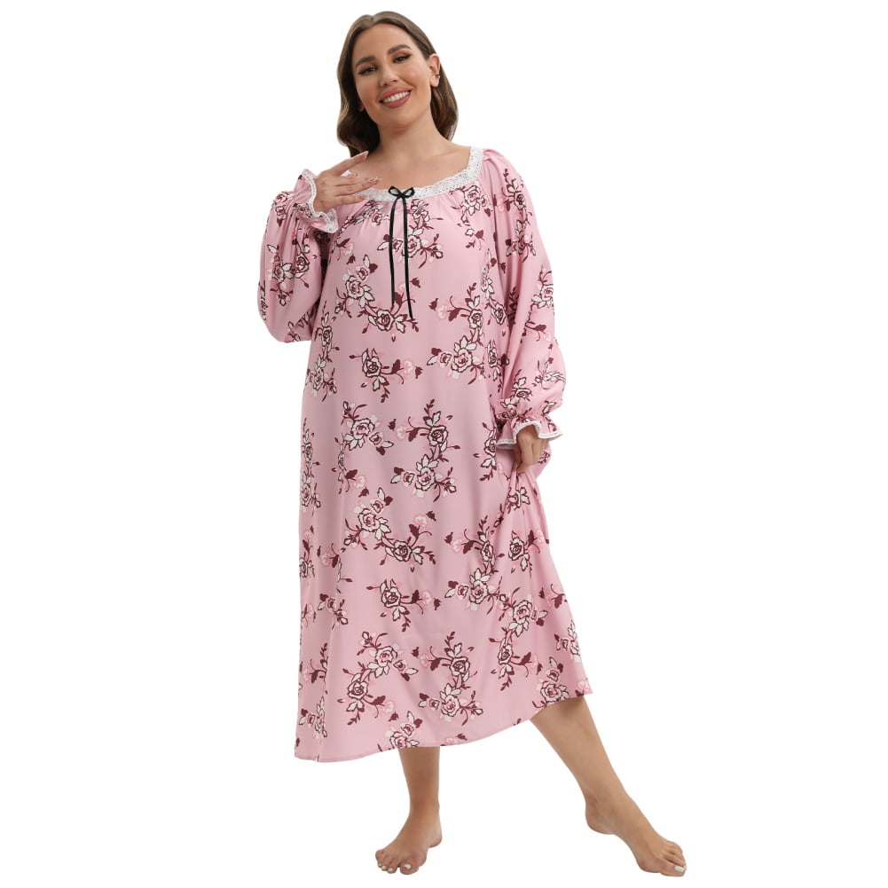 Womens Plus Size Long Sleeve Nightgowns Soft Nightgown Long Sleep Dress ...
