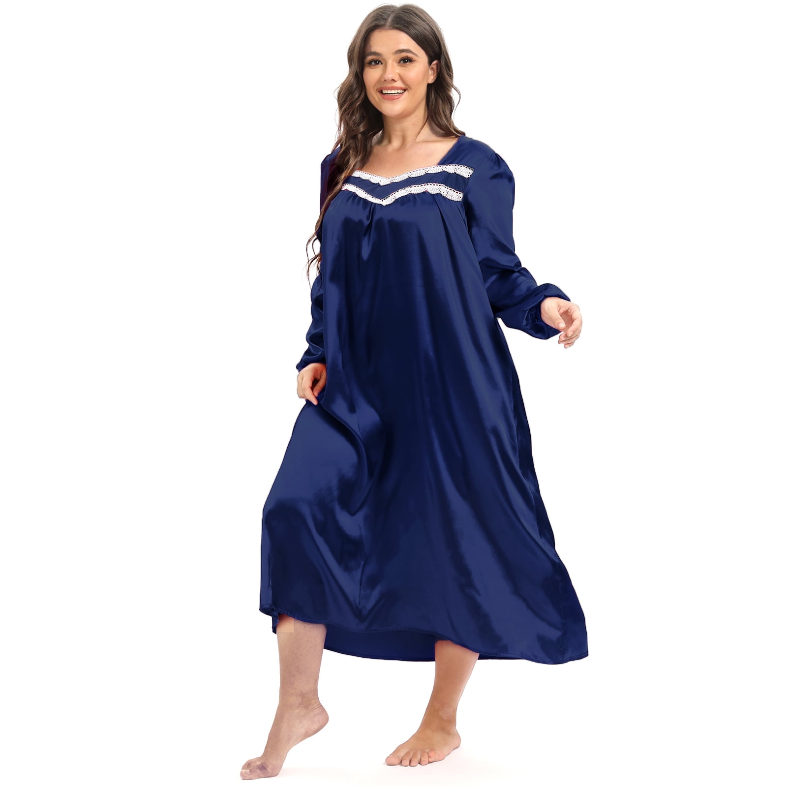 Womens Plus Size Nightgown Vintage Long Nightdress Long Sleeve ...